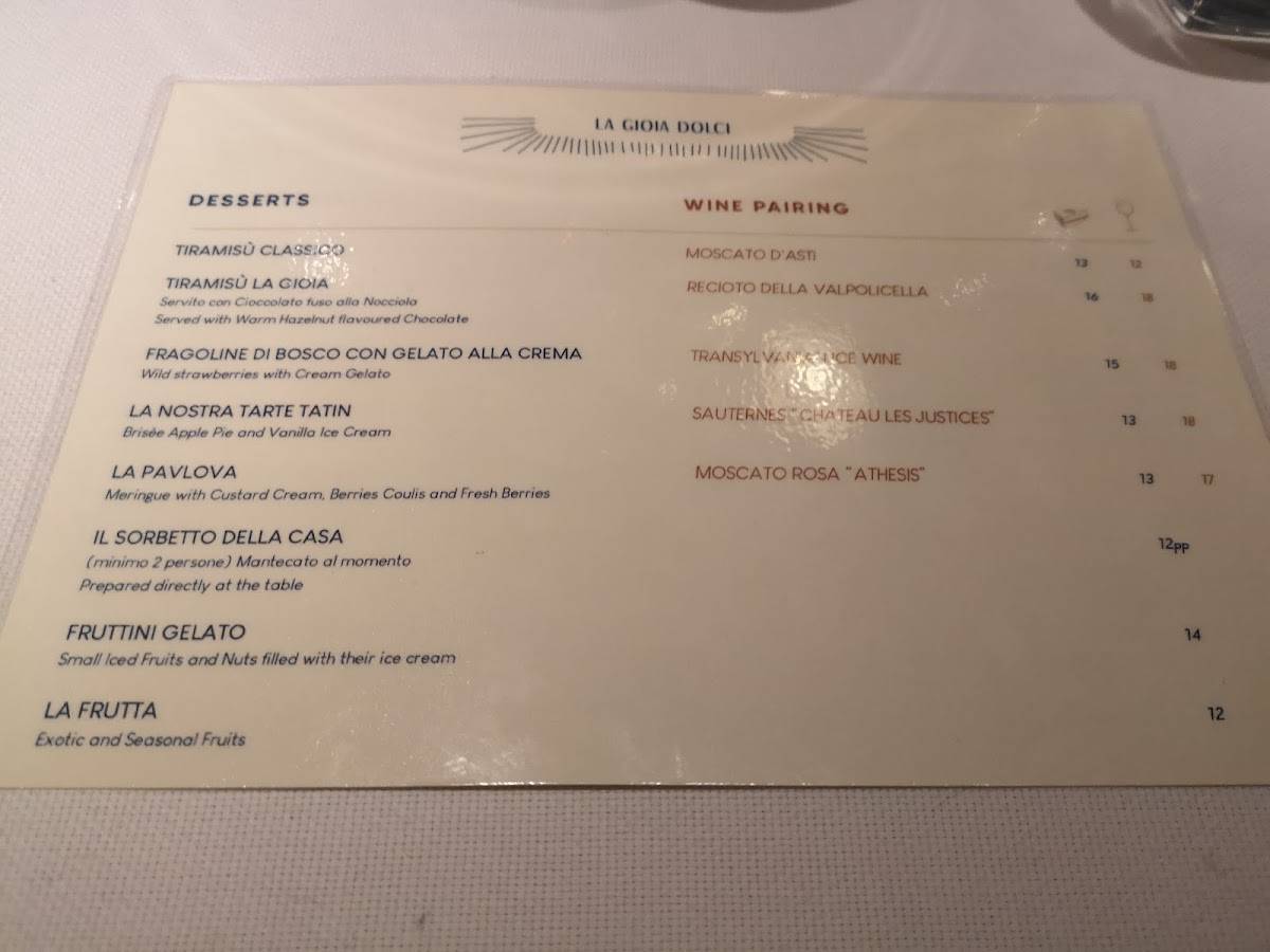 Menu da La Gioia ristorante, Milano