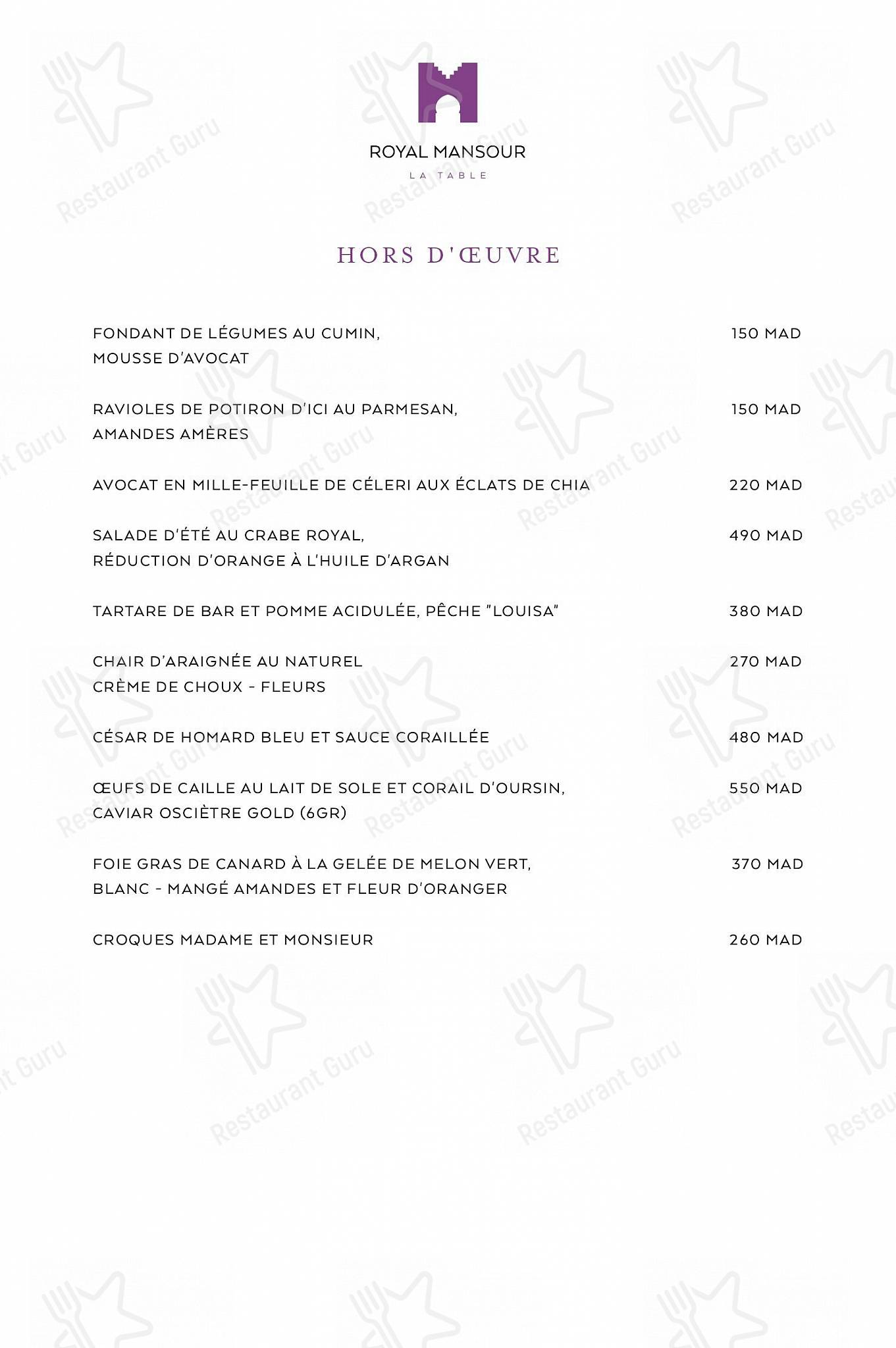 Menu au Royal Mansour Marrakech restaurant, Marrakech
