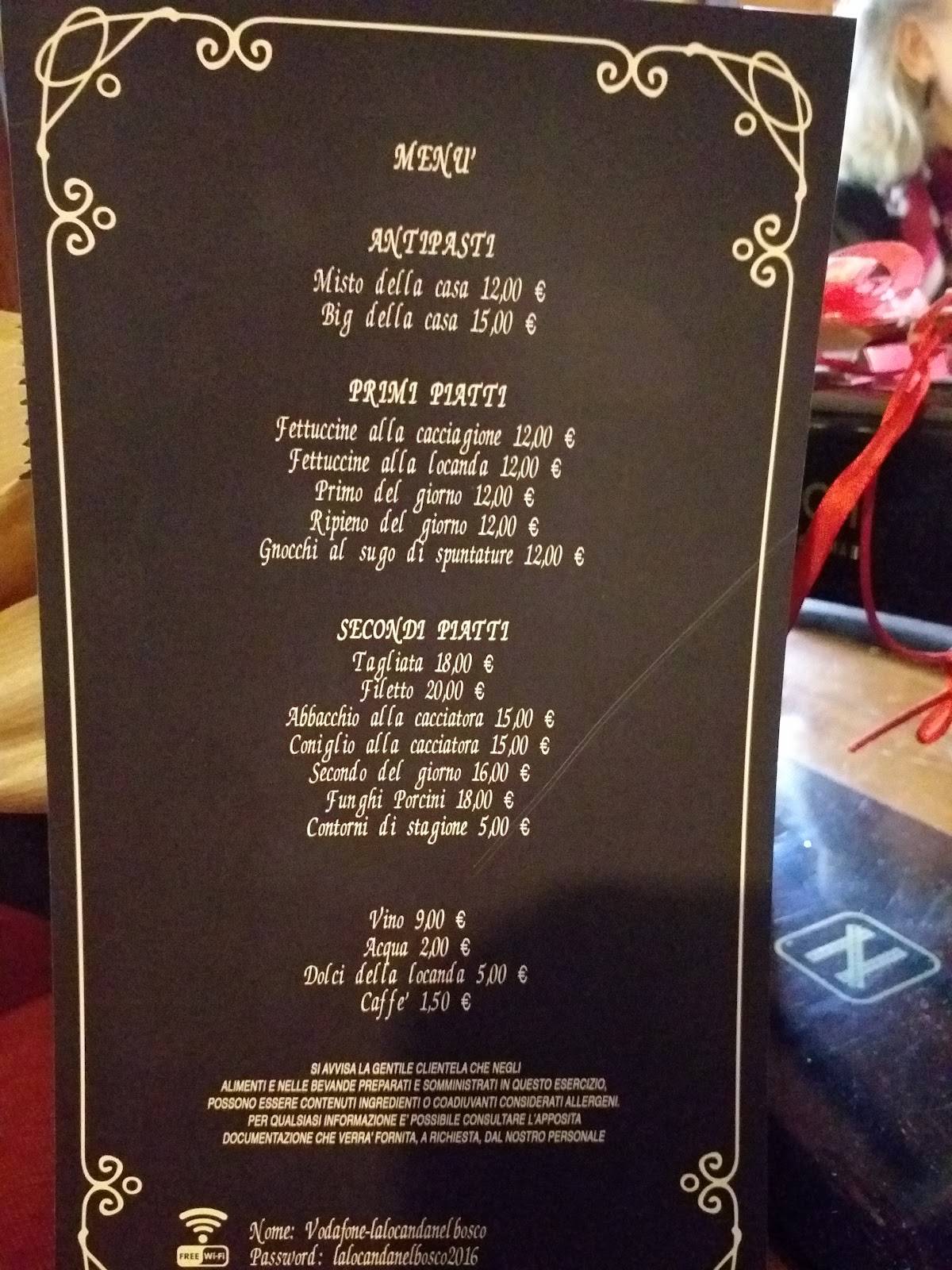 Menu da La Locanda nel Bosco ristorante, Rocca di Papa