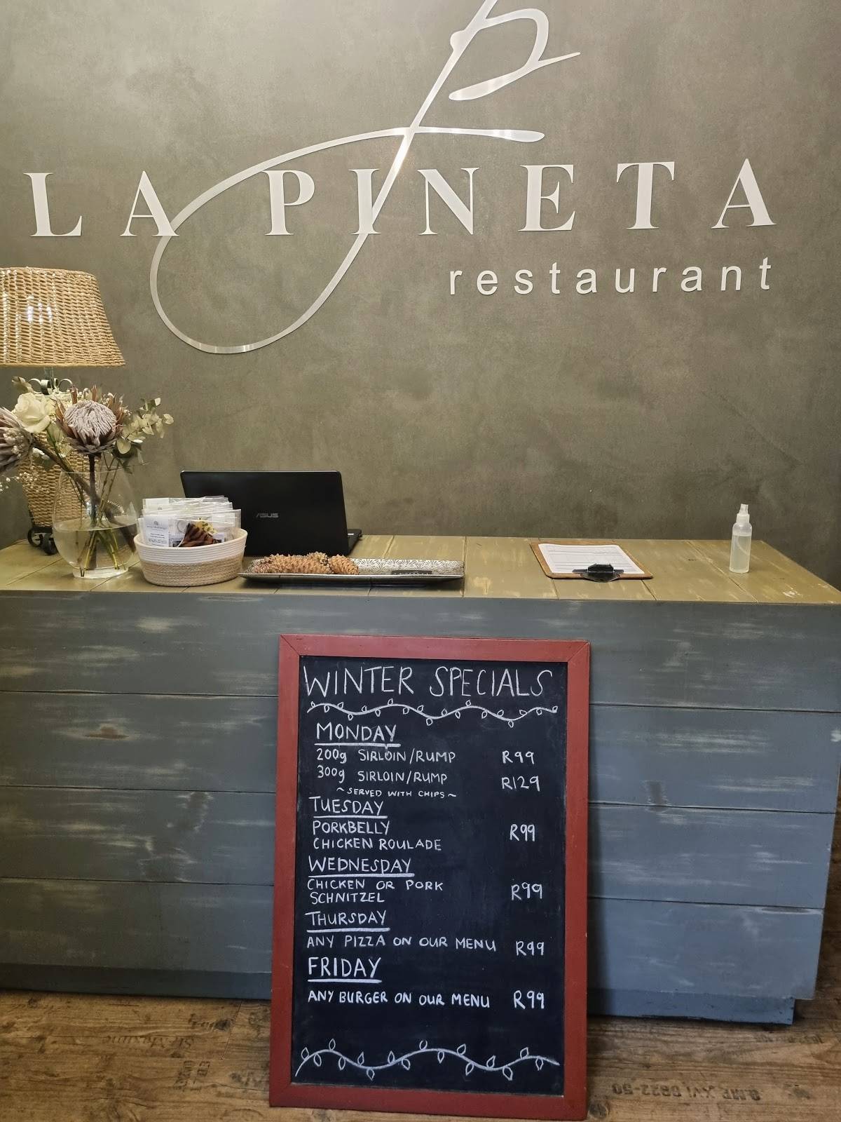Menu at La Pineta restaurant, Stellenbosch, R44