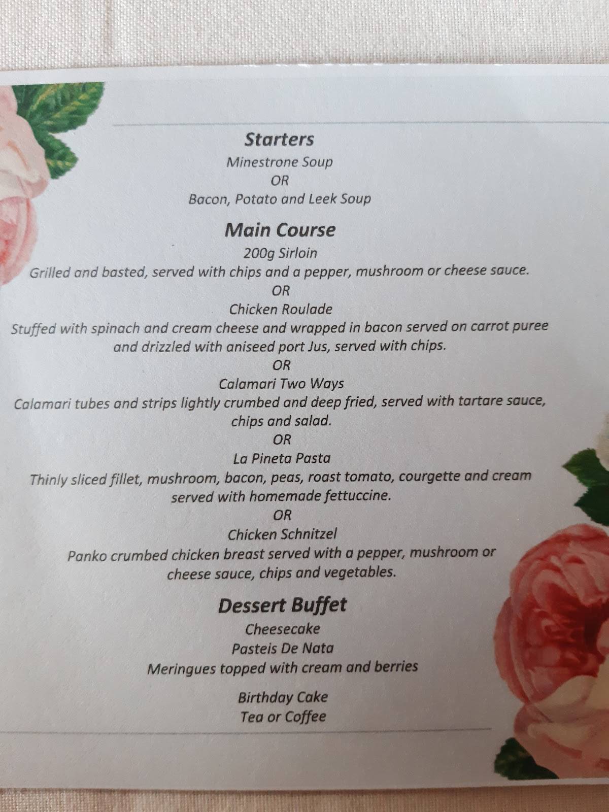 Menu at La Pineta restaurant, Stellenbosch, R44