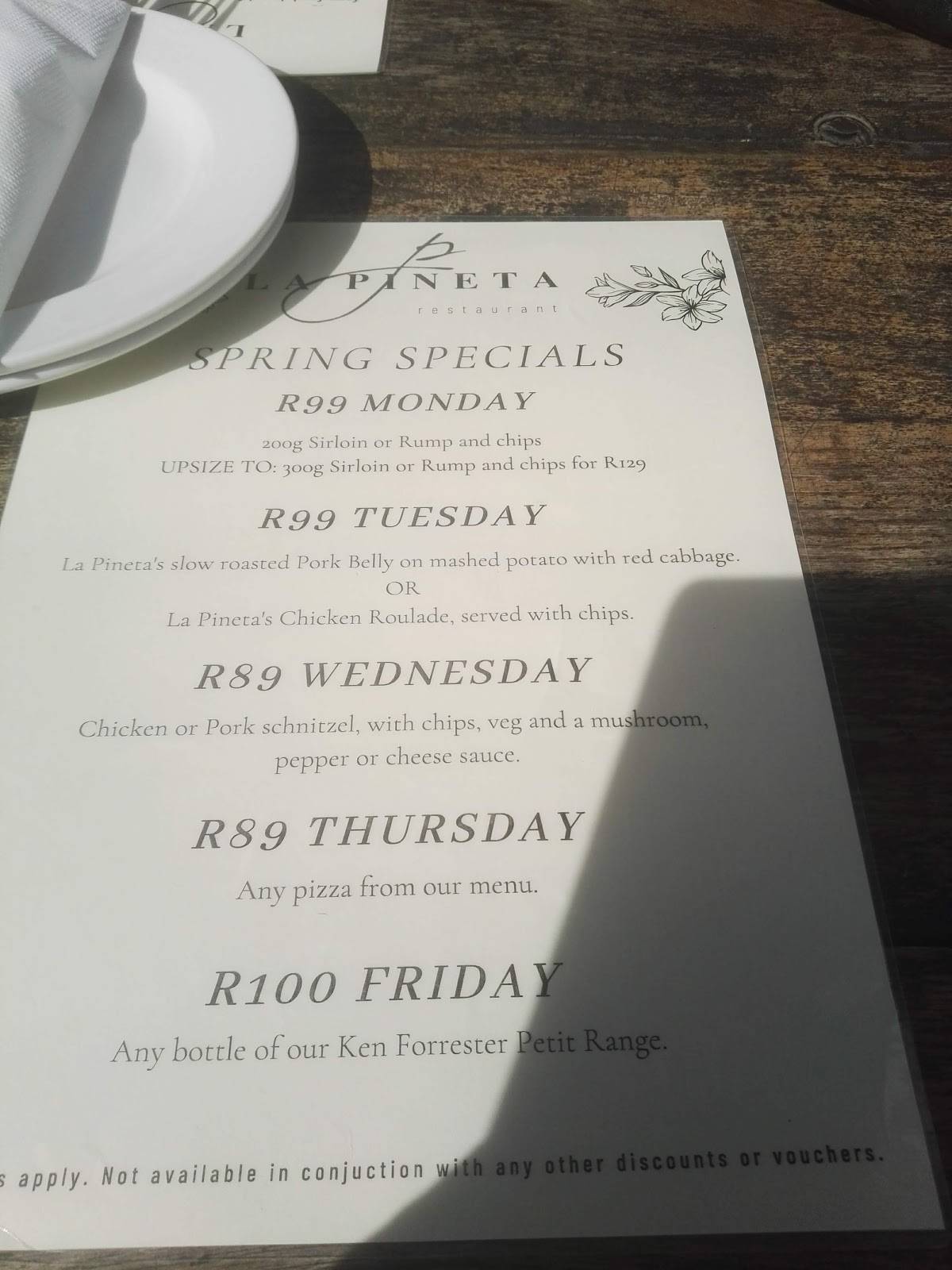 Menu at La Pineta restaurant, Stellenbosch, R44