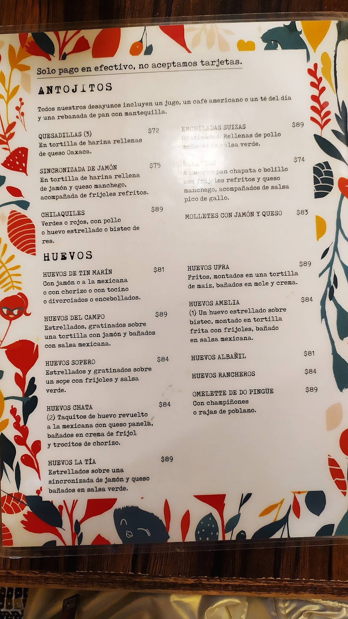 Menu at La Tía restaurant, Mexico City, Manuel María Contreras 20