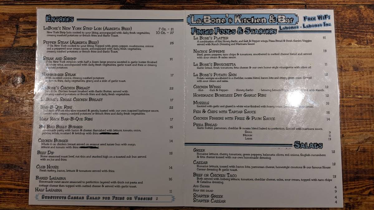 Menu at LaBone's Kitchen & Bar, Lac la Biche