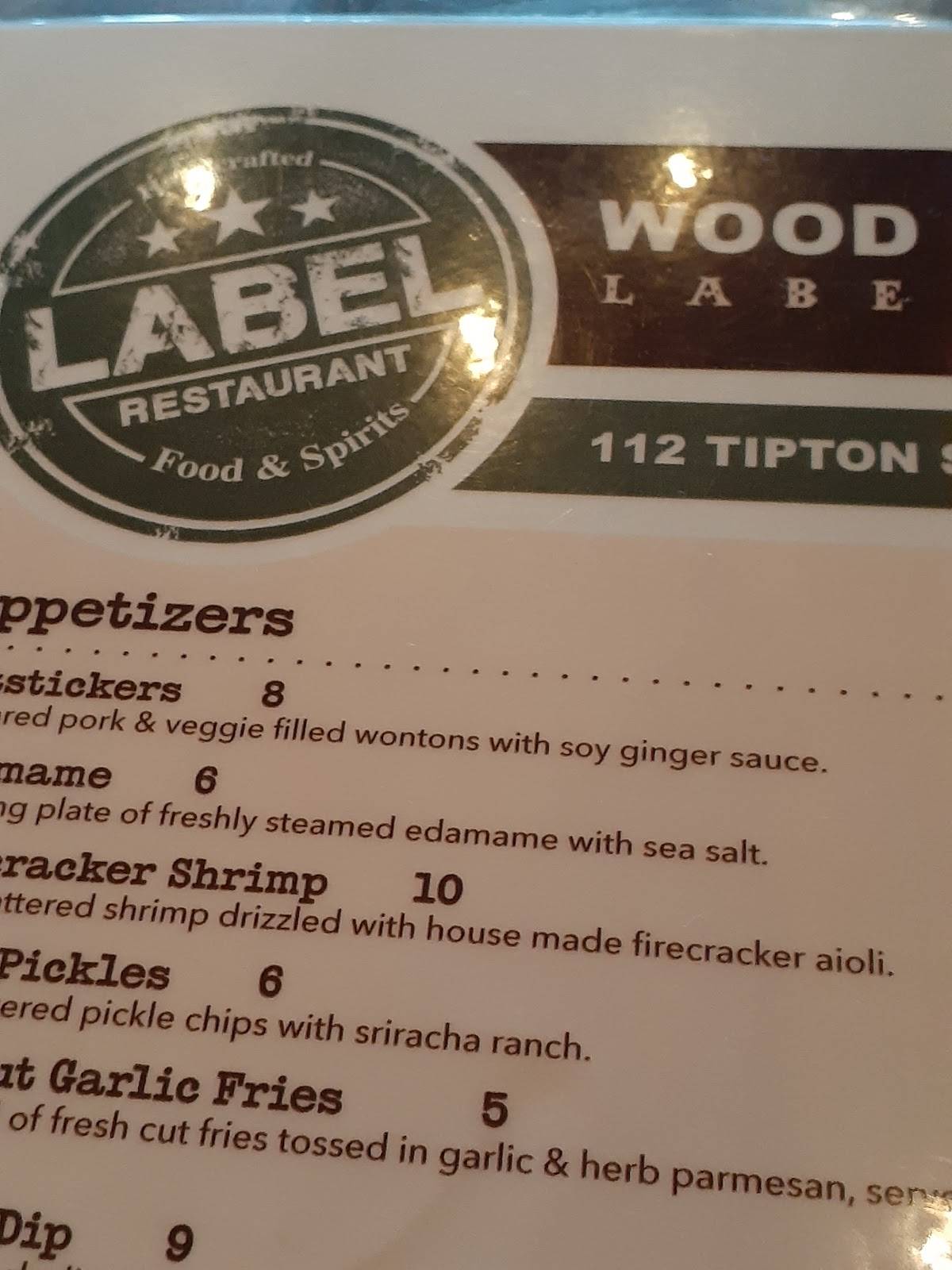Menu at Label Restaurant, Johnson City