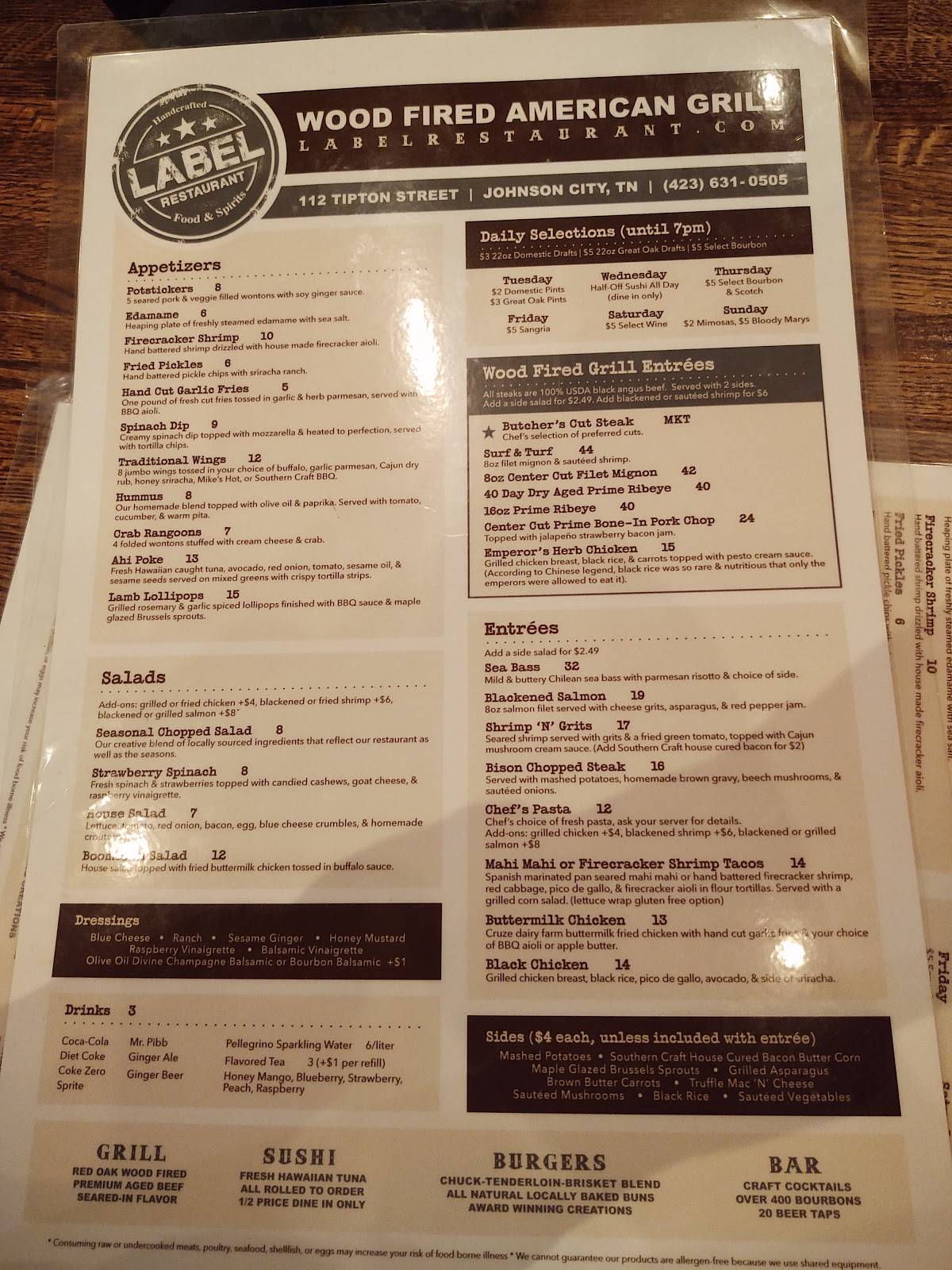 Menu at Label Restaurant, Johnson City