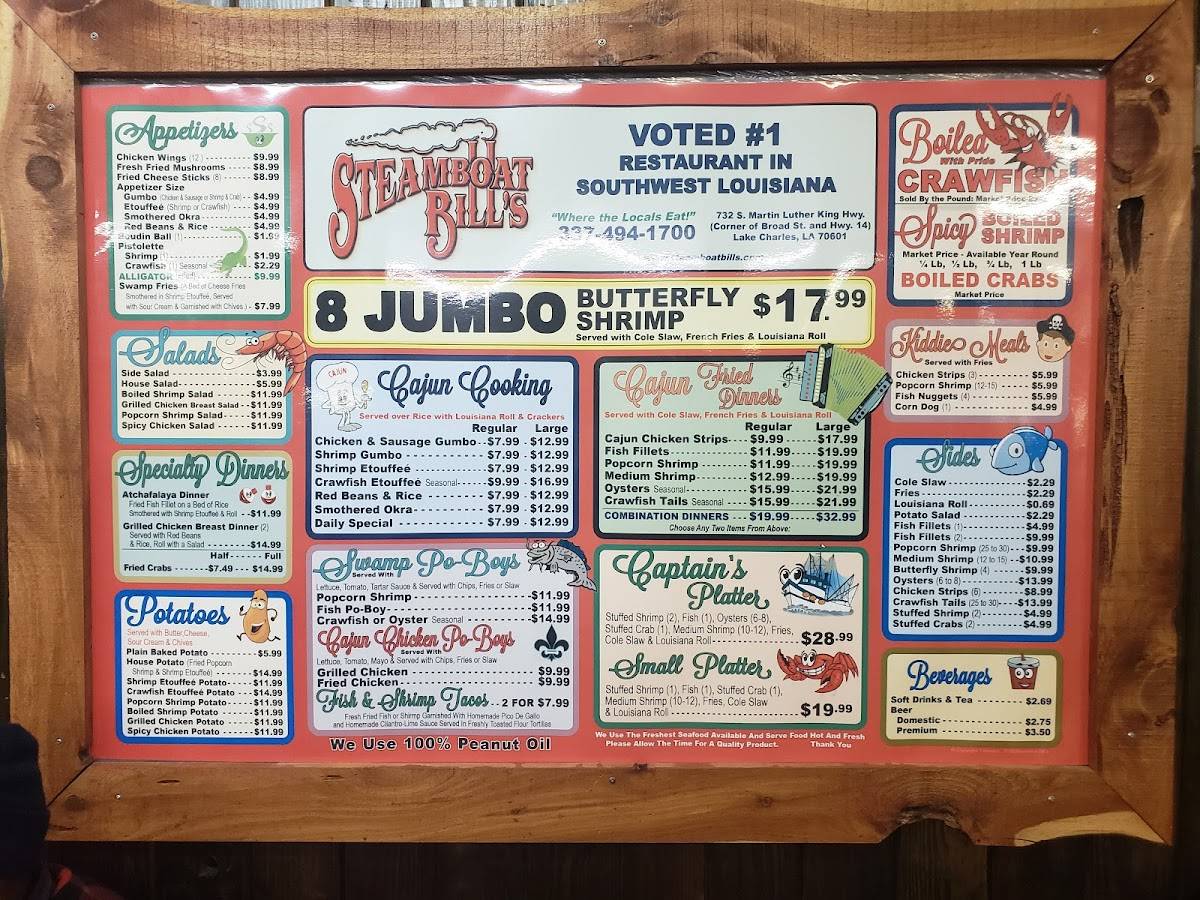 Menu at Steamboat Bill's Seafood restaurant, Lake Charles, 732 S Martin ...