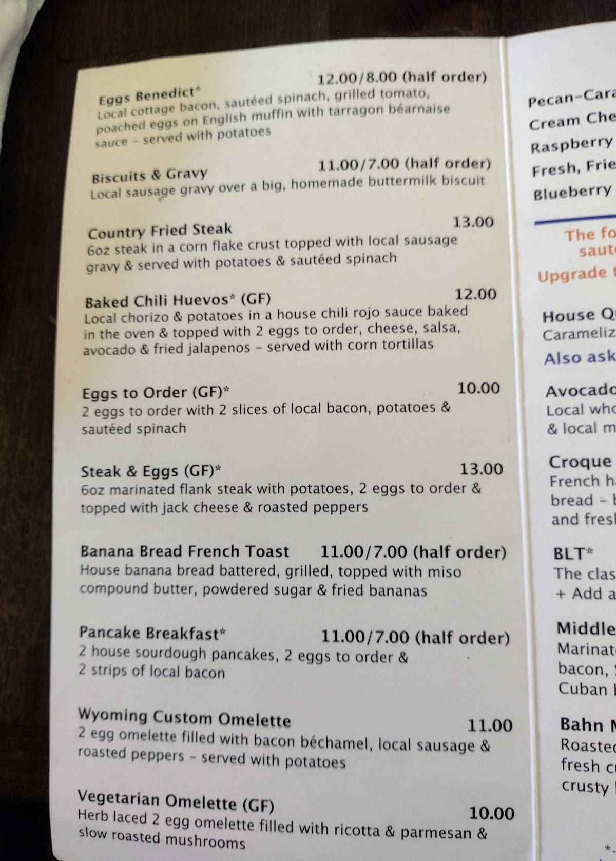 Menu at The Middle Fork restaurant, Lander