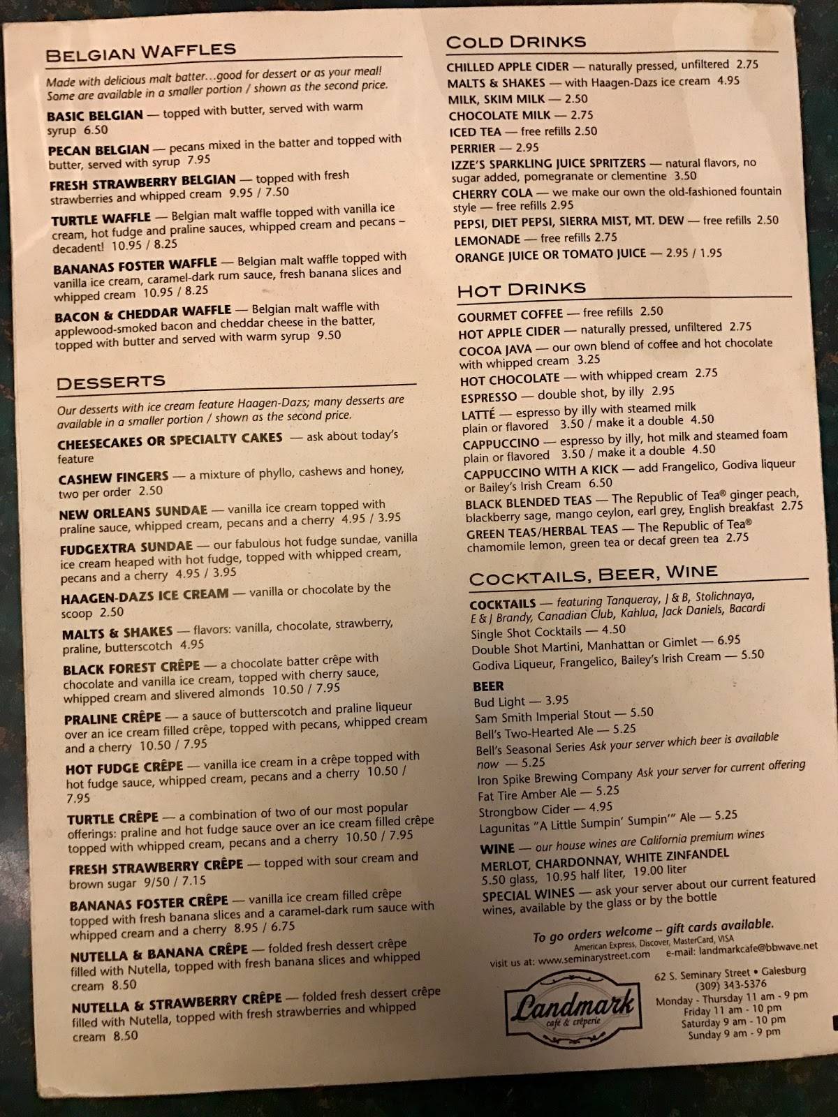 Menu at Landmark Café & Crêperie restaurant, Galesburg