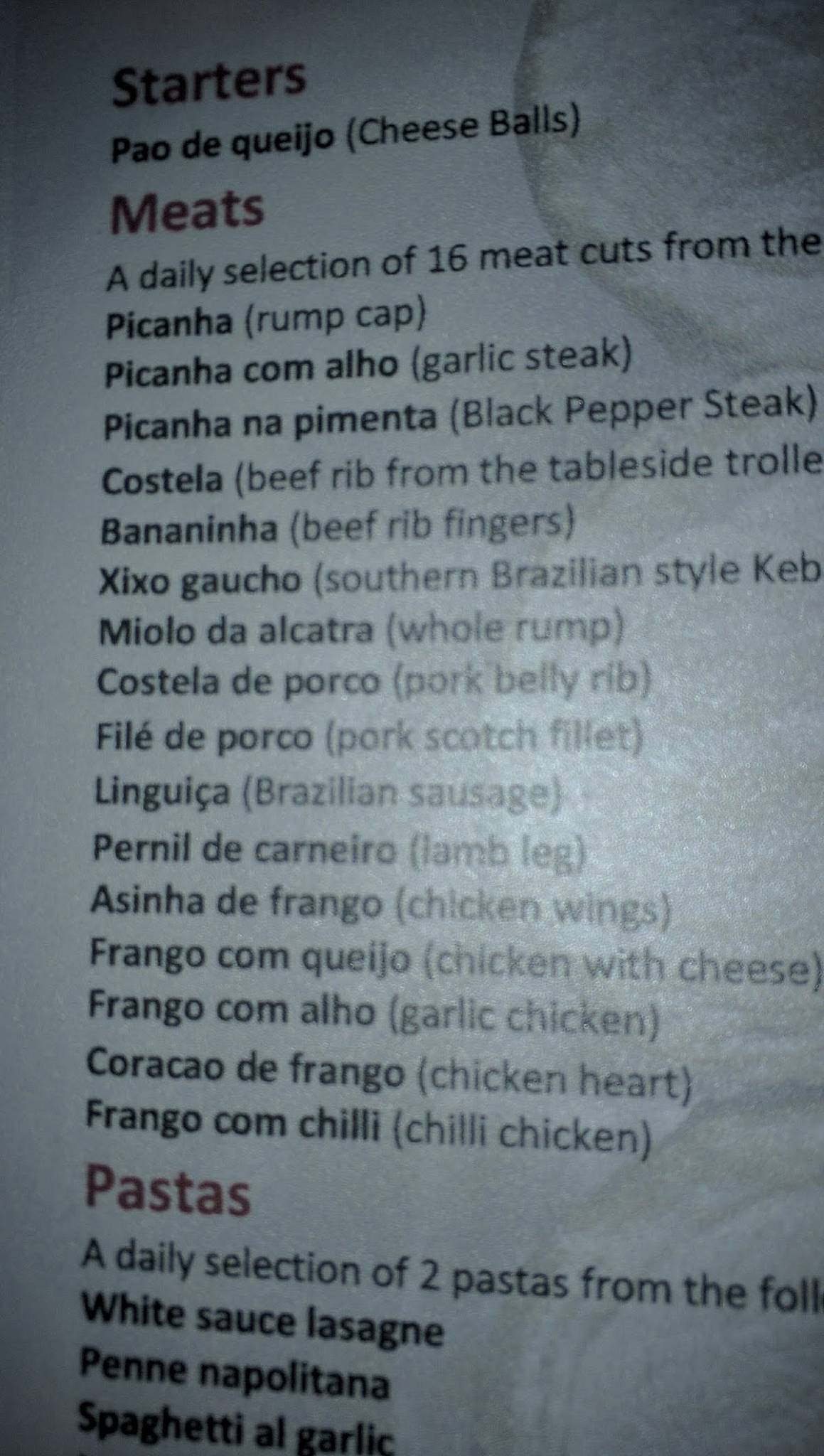 Menu at Lapa Brazilian Barbecue Subiaco, Subiaco
