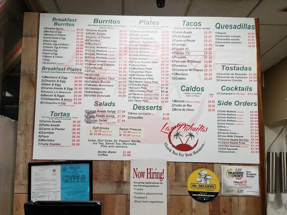Menu at Las Palmitas Taco Shop restaurant, El Centro, S 4th St