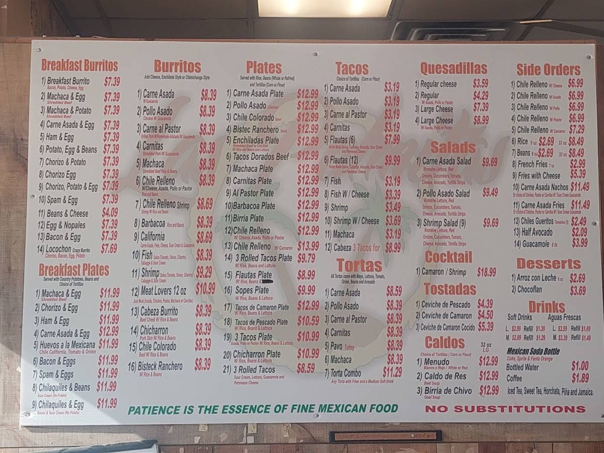 Menu at Las Palmitas Taco Shop restaurant, El Centro, S 4th St