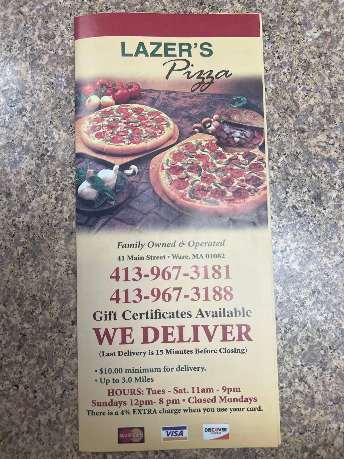 Menu at Lazer's Pizza & Roast Beef pizzeria, Ware