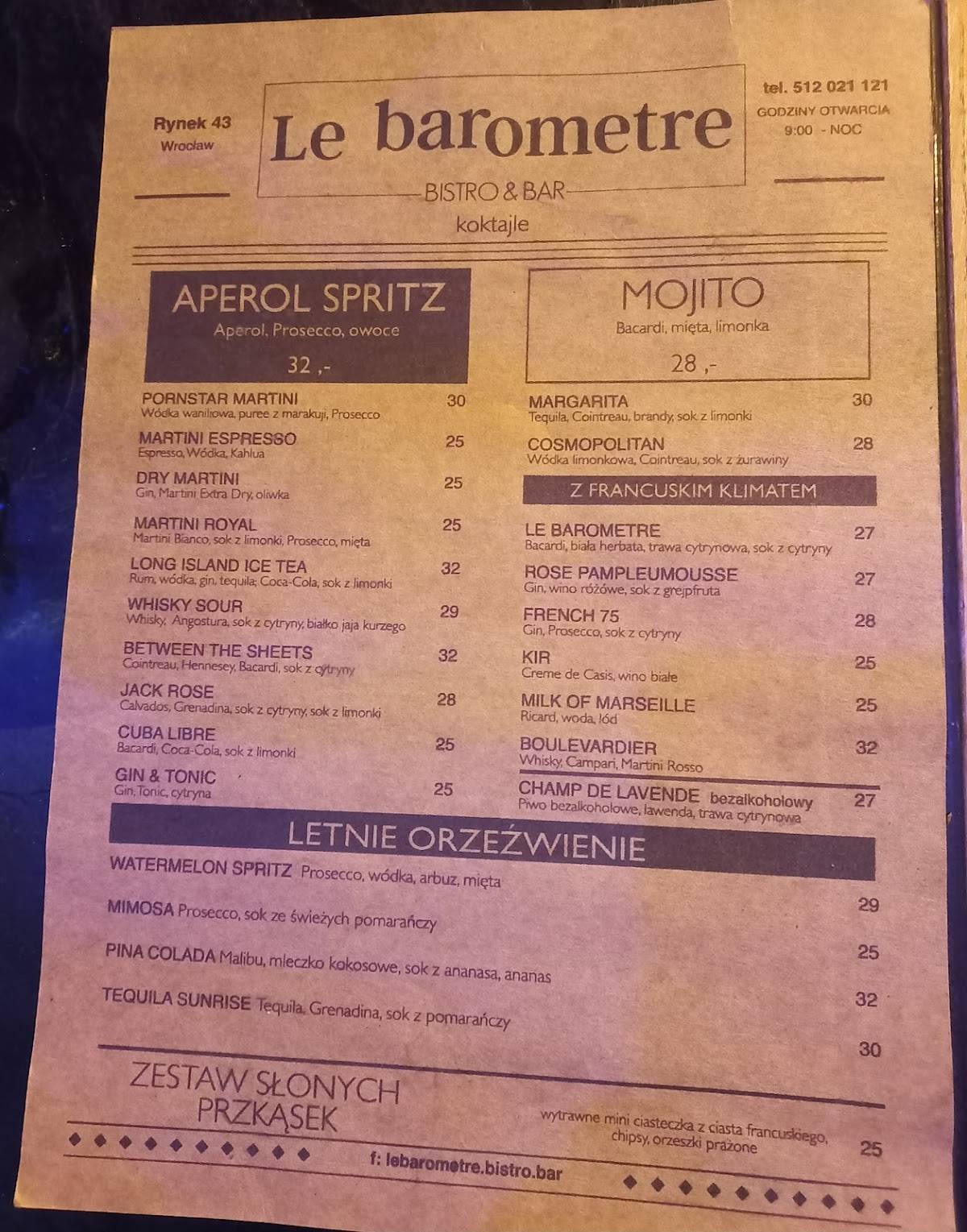 Menu at Le Barometre Bistro & Bar, Wrocław