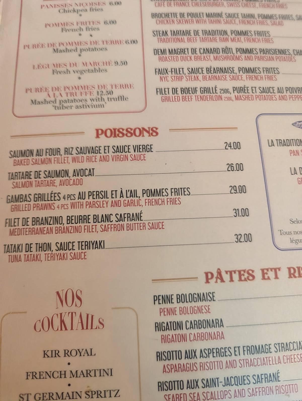 Menu au Le Grand Café de France, Nice