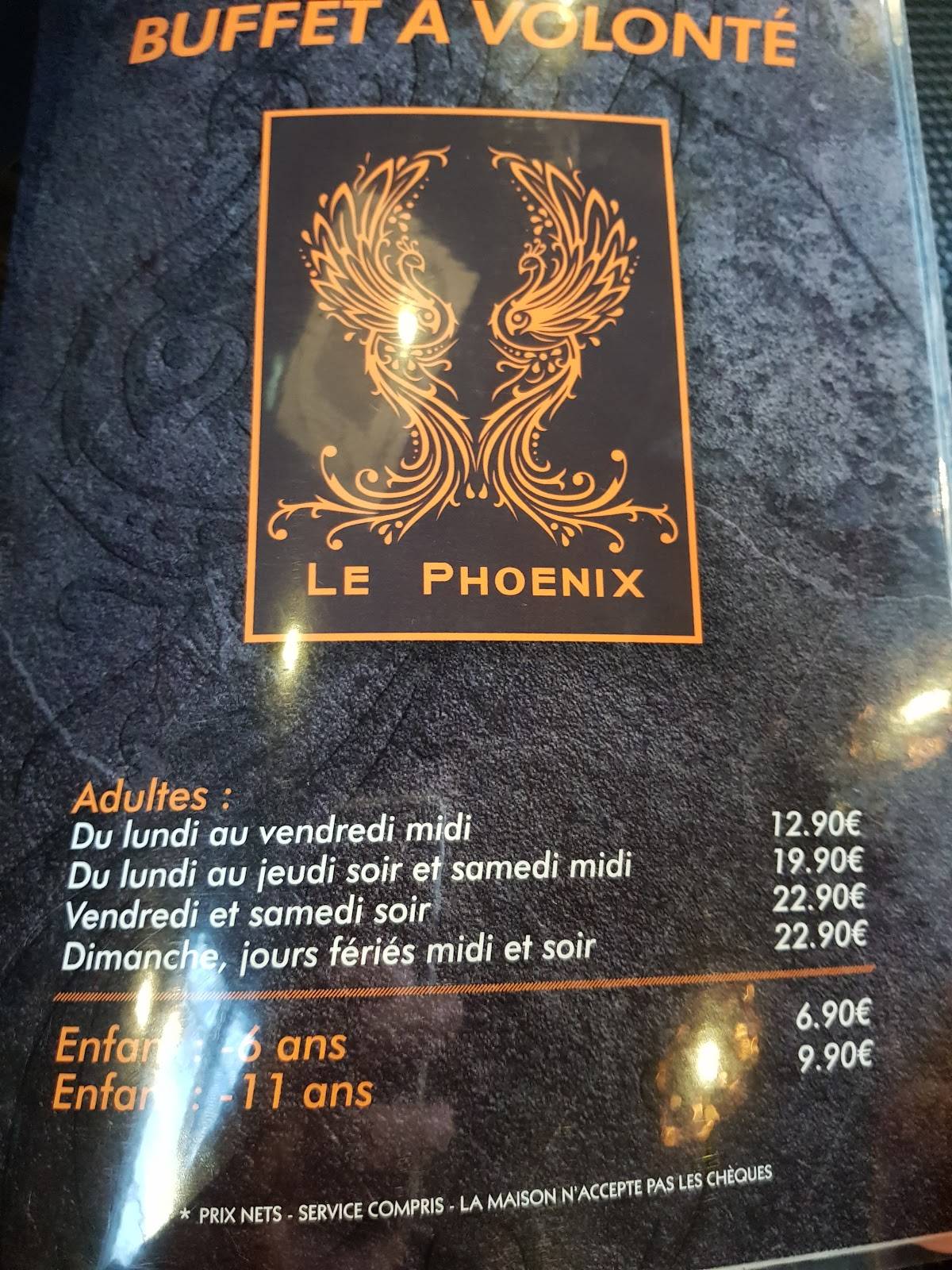 Menu at Le Phoenix restaurant, Villeneuve-d'Ascq