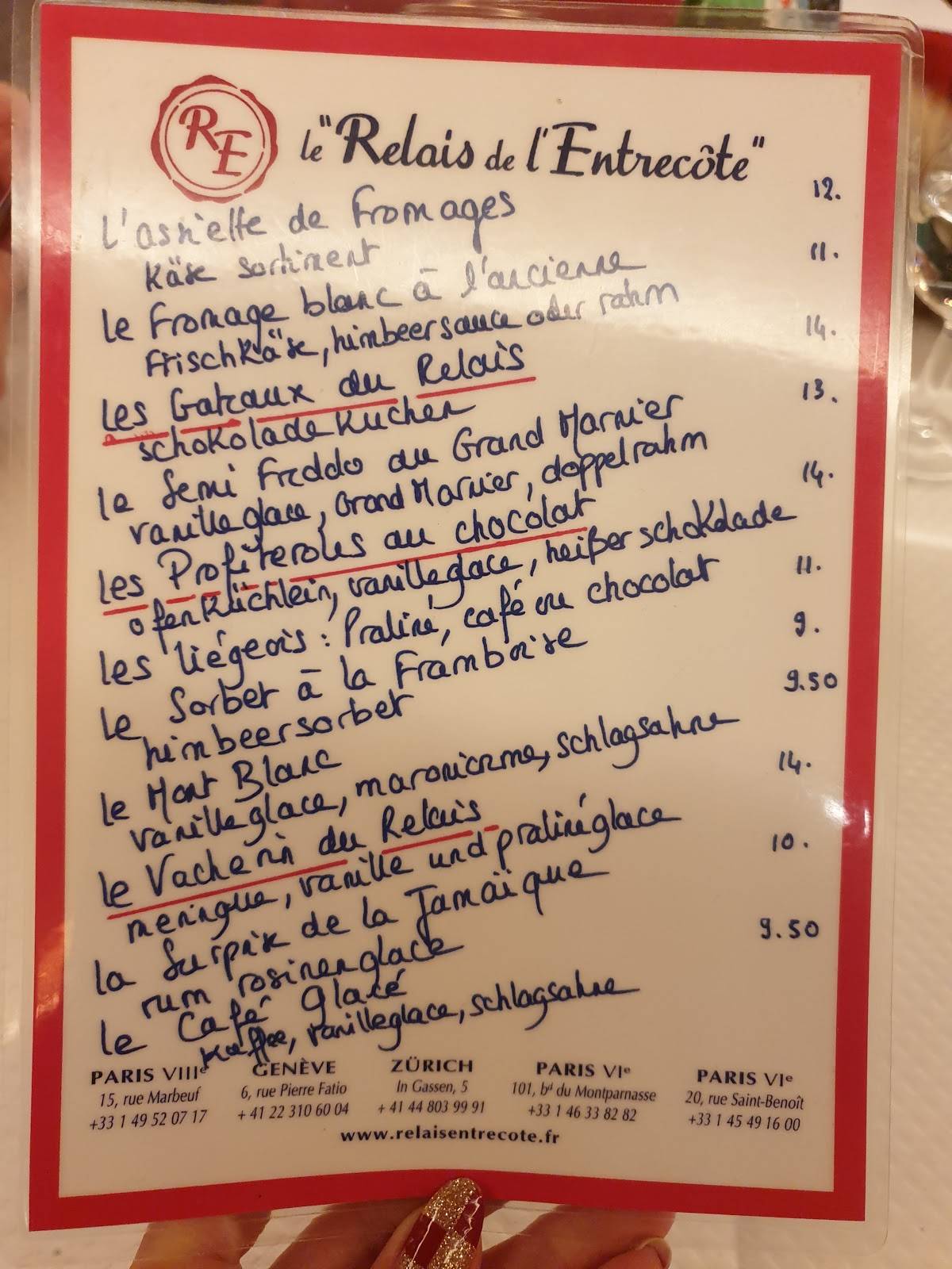 Menu da Le Relais de l'Entrecote Zürich, Zurigo