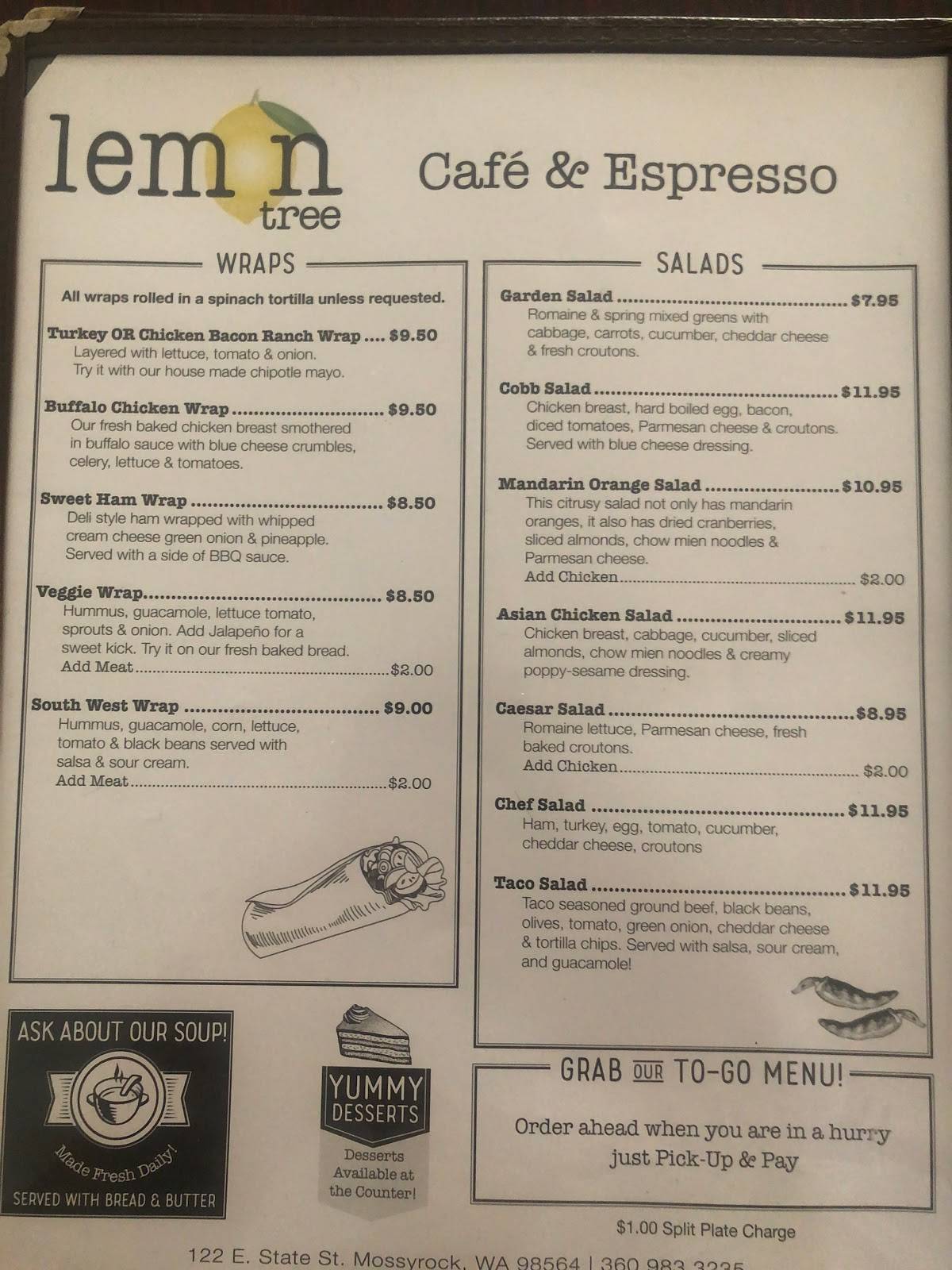 Menu at Lemon Tree Cafe & Espresso, Mossyrock