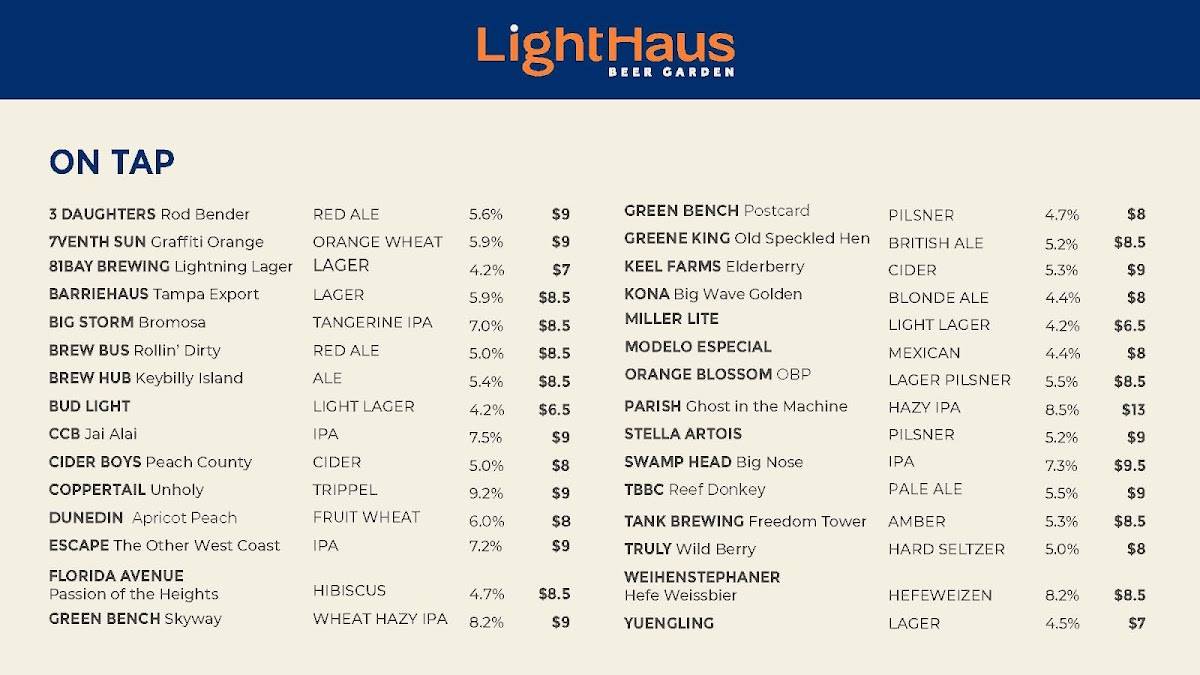 Menu at LightHaus Beer Garden pub & bar, Tampa