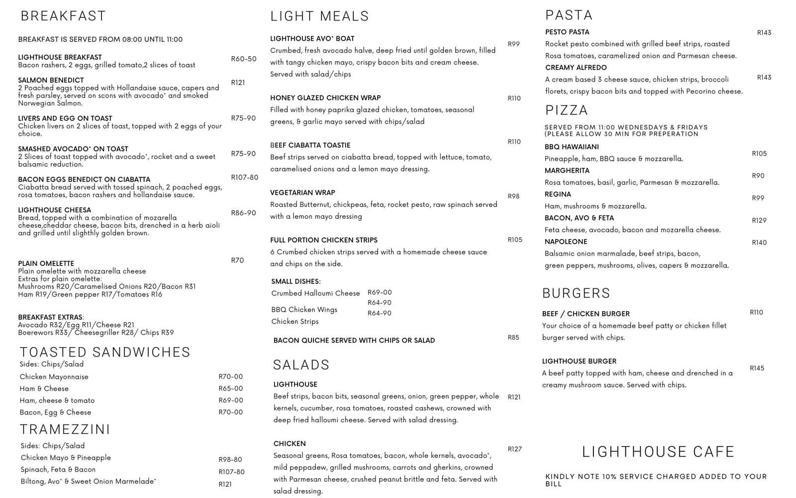 Menu at Lighthouse Cafe & Guesthouse, Groblersdal
