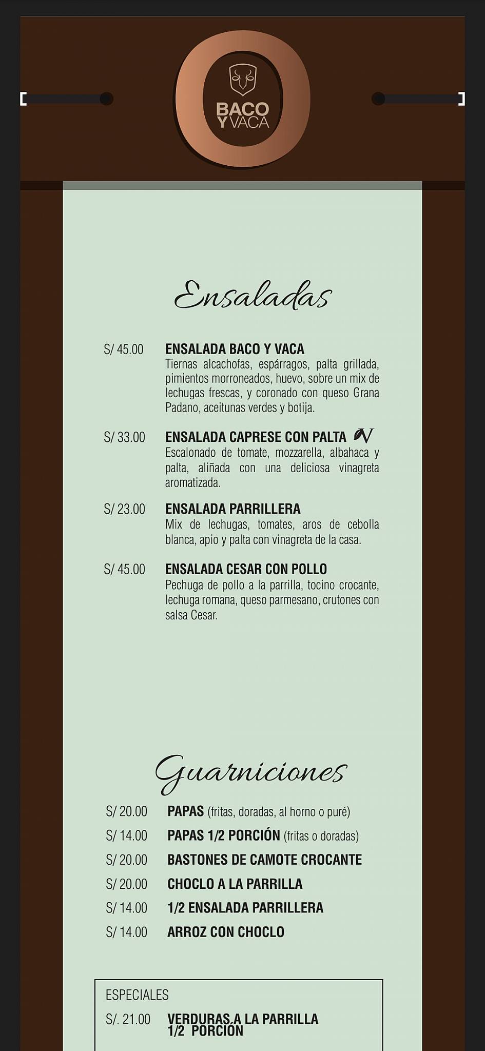 Carta del restaurante Baco y Vaca | San Isidro, Lima