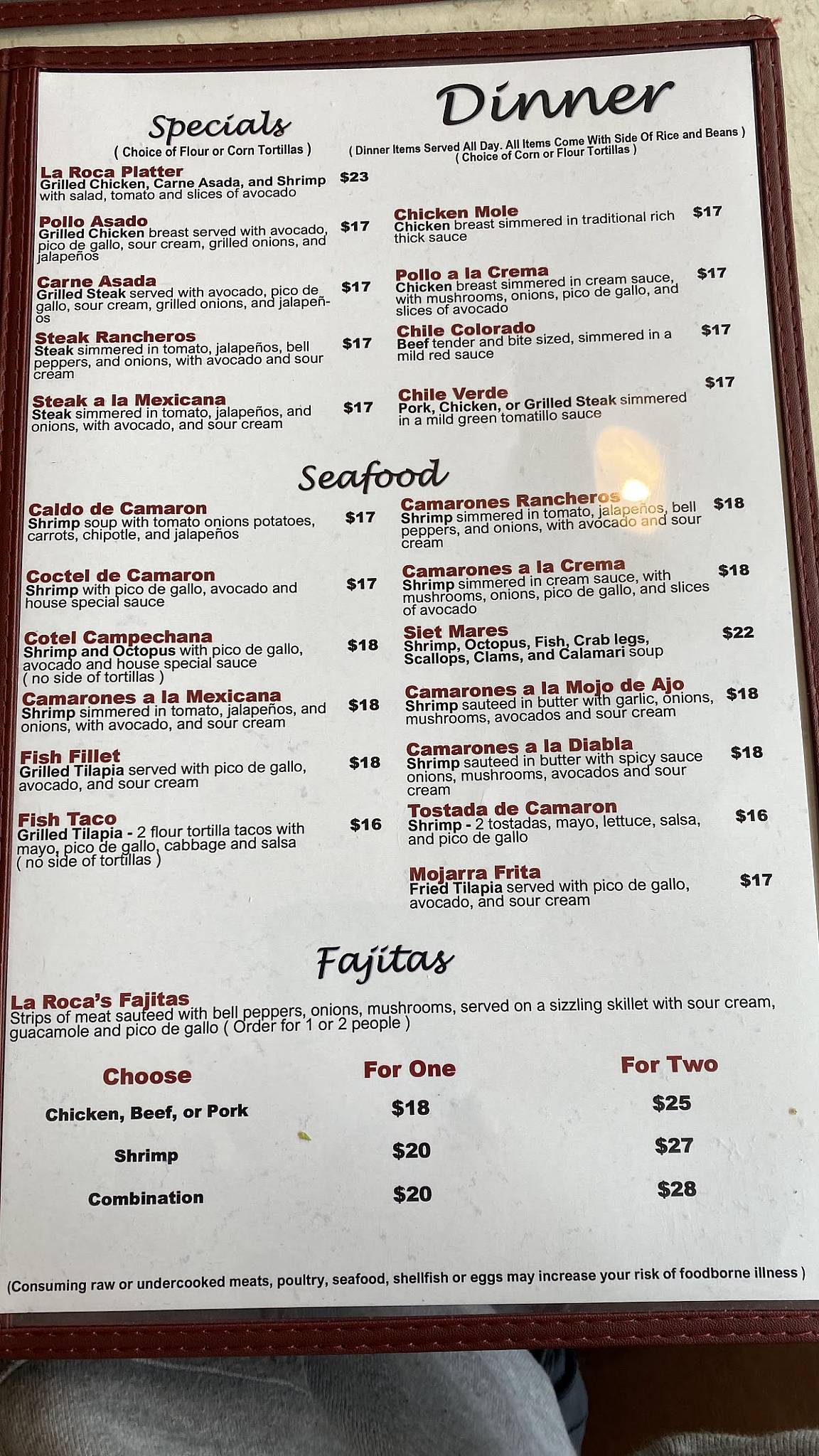 Menu at La Roca restaurant, Lincoln City, US-101