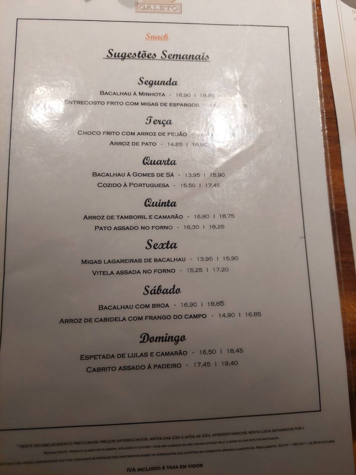 Menu em Galeto restaurante, Lisboa
