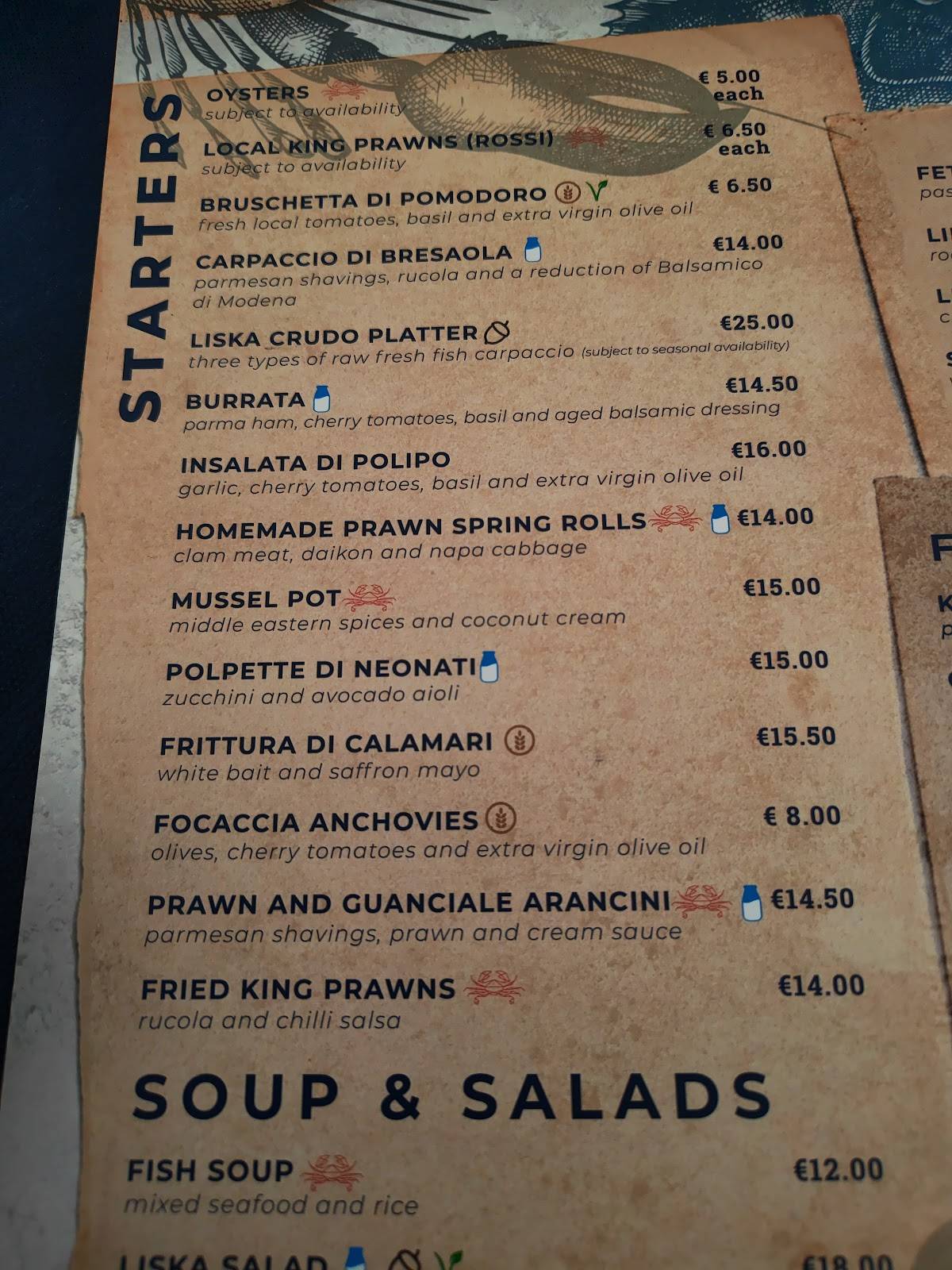 Menu au Liska Restaurant, Marsaxlokk