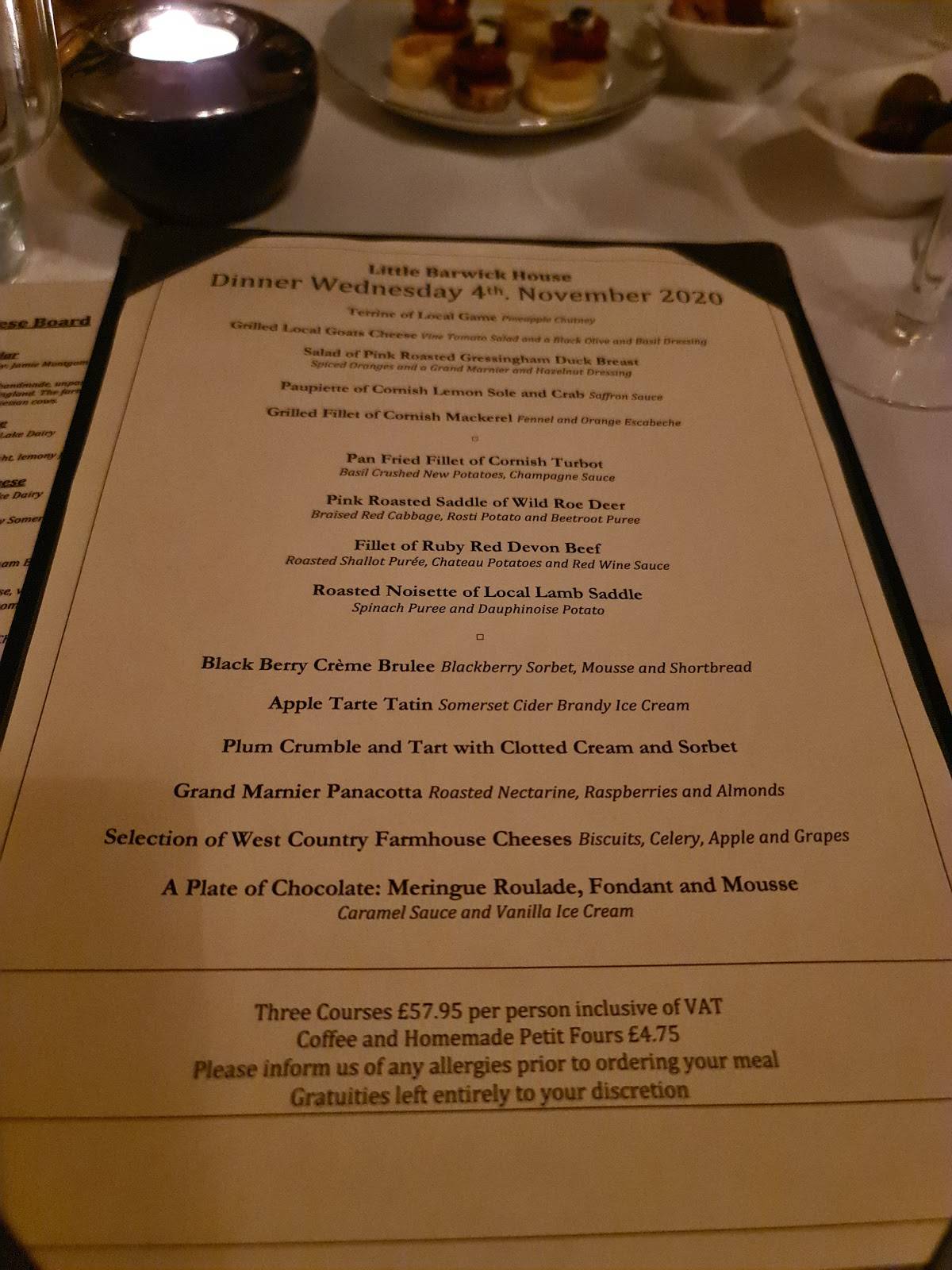 Menu at Little Barwick House, Yeovil