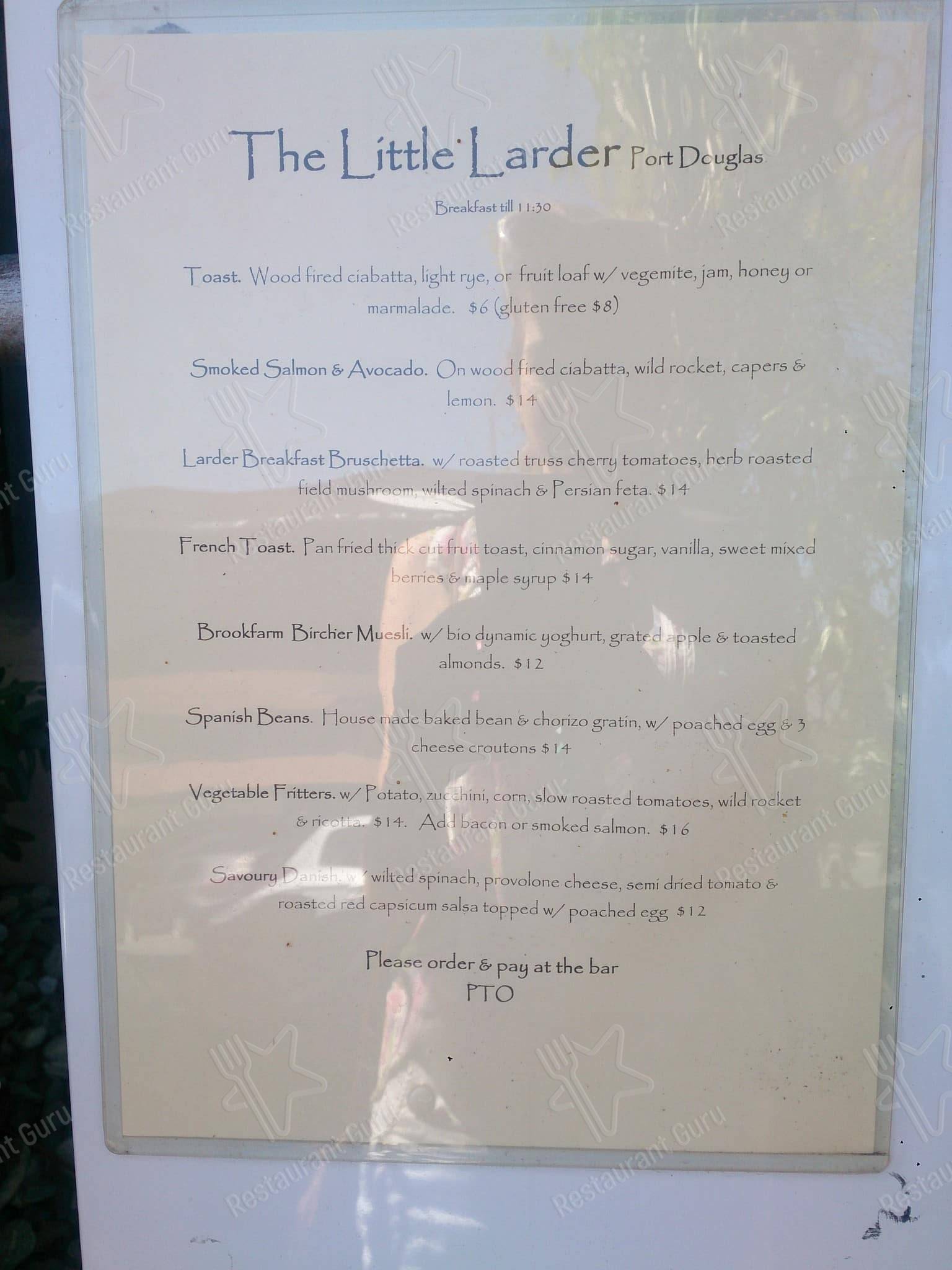 Menu at The Little Larder cafe, Port Douglas