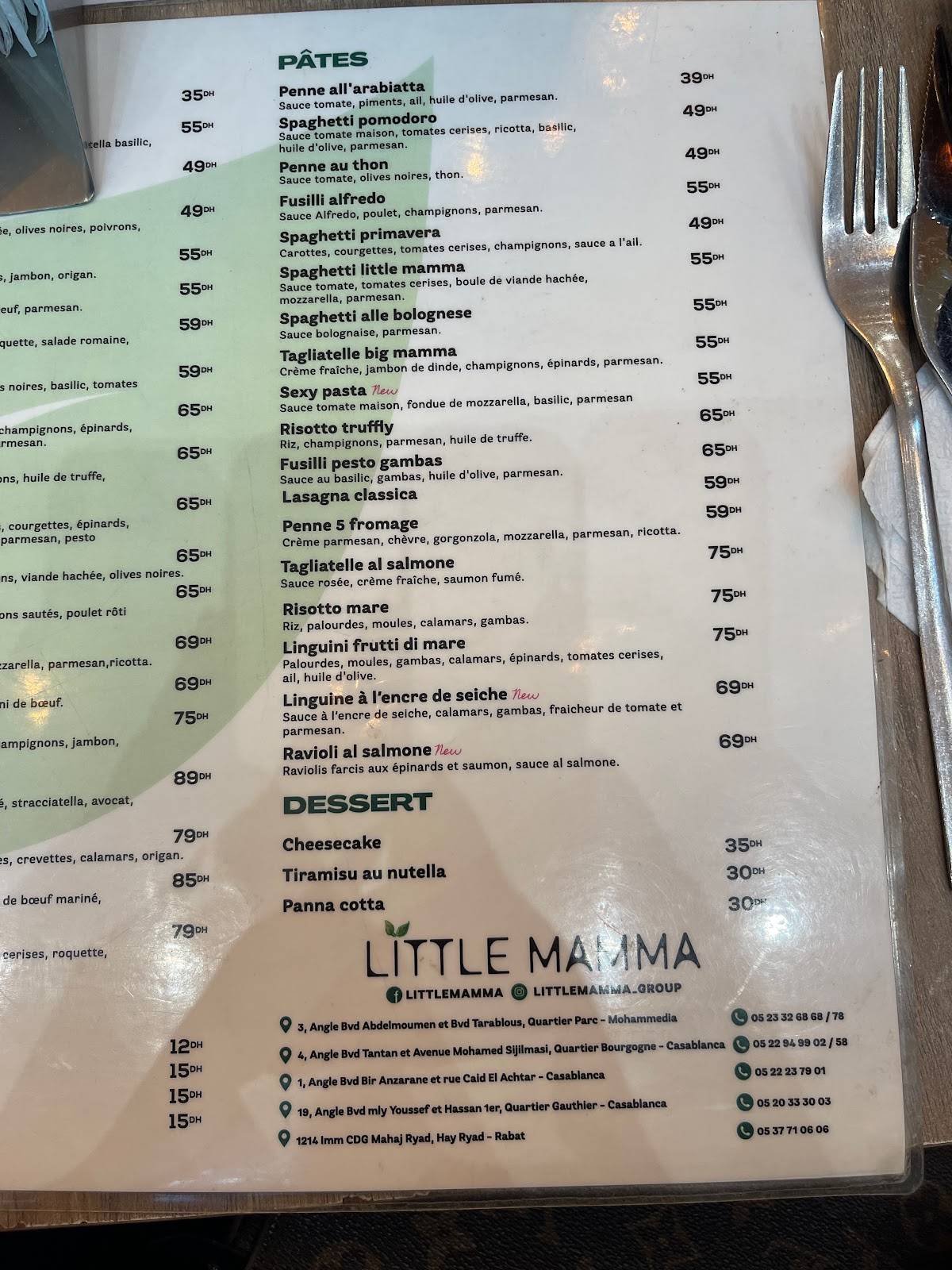 Menu au Little Mamma restaurant, Casablanca, Rue Kaid al Achtar