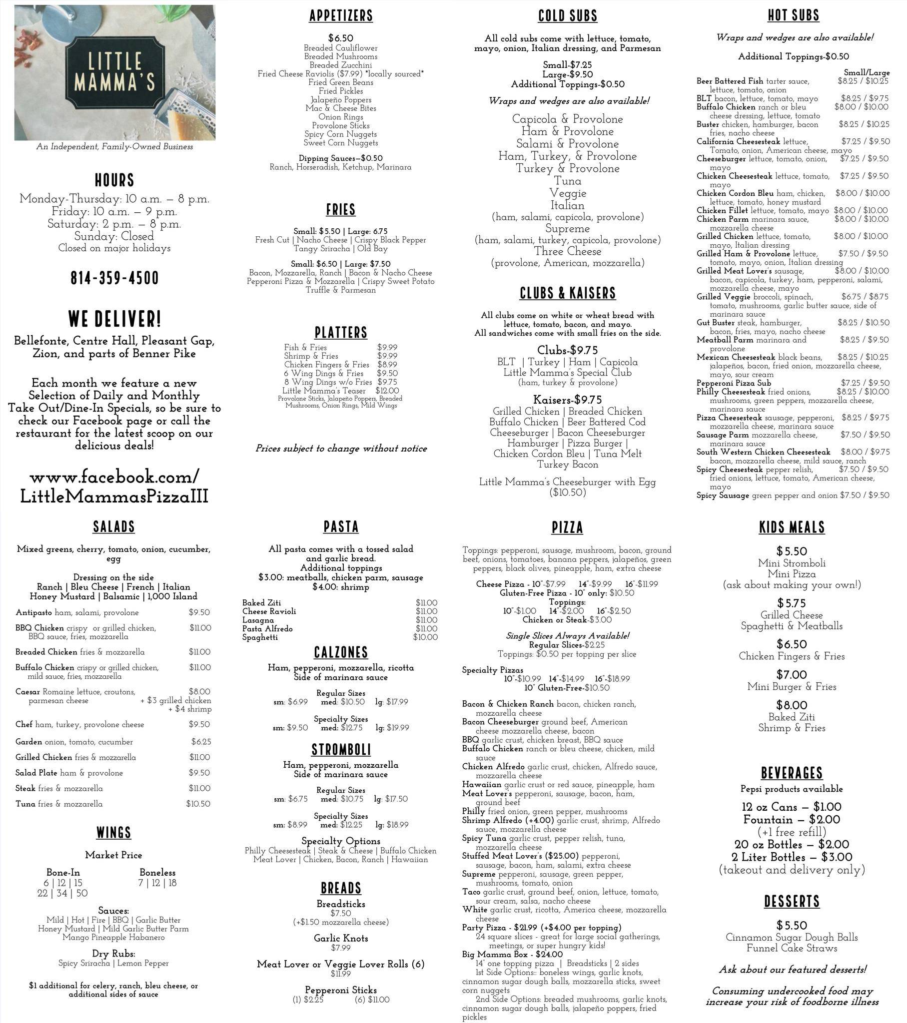 Menu at Little Mamma's Restaurant, Pleasant Gap