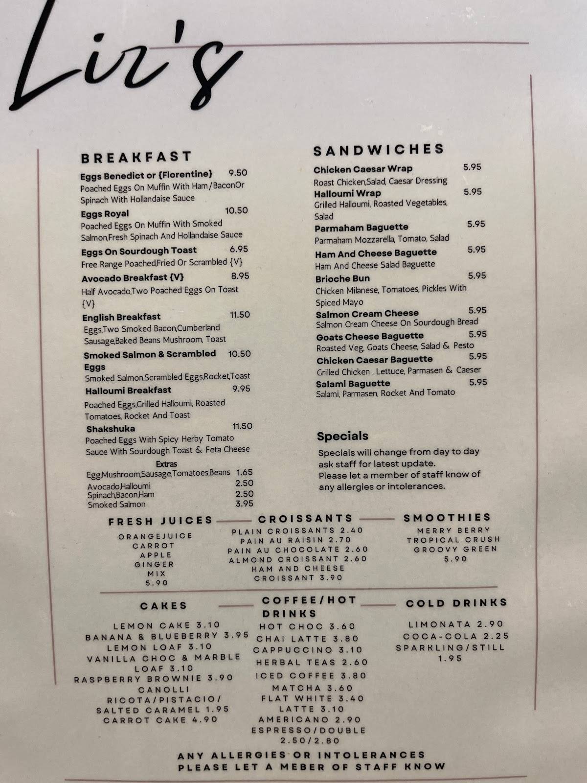 Menu at Liz’s Kitchen cafe, London
