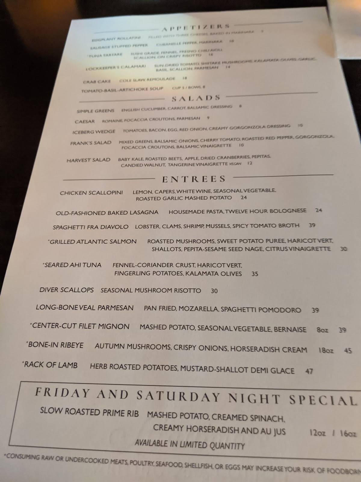 Menu at LockKeepers restaurant, Valley View