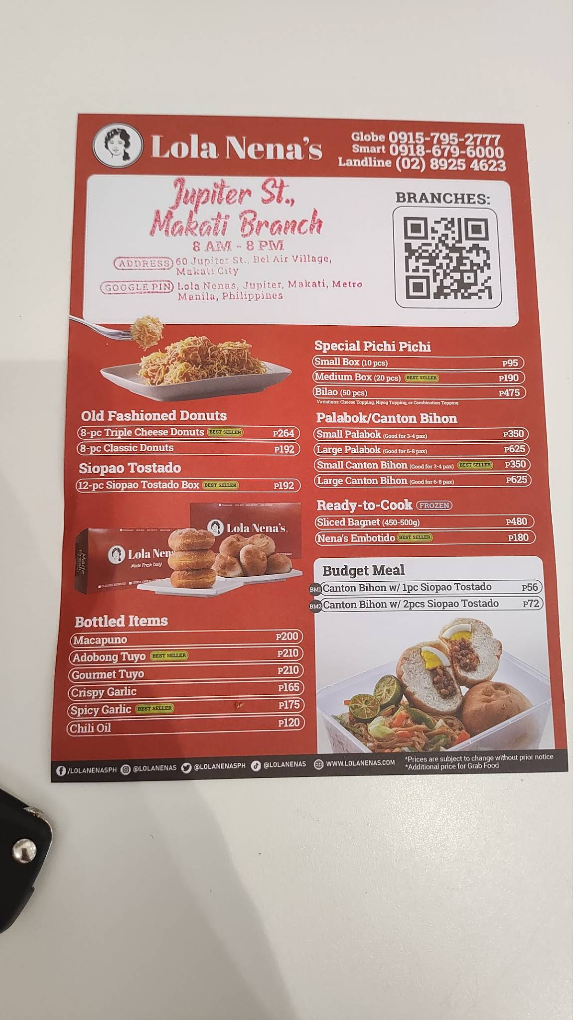 Menu at Lola Nena's restaurant, Makati