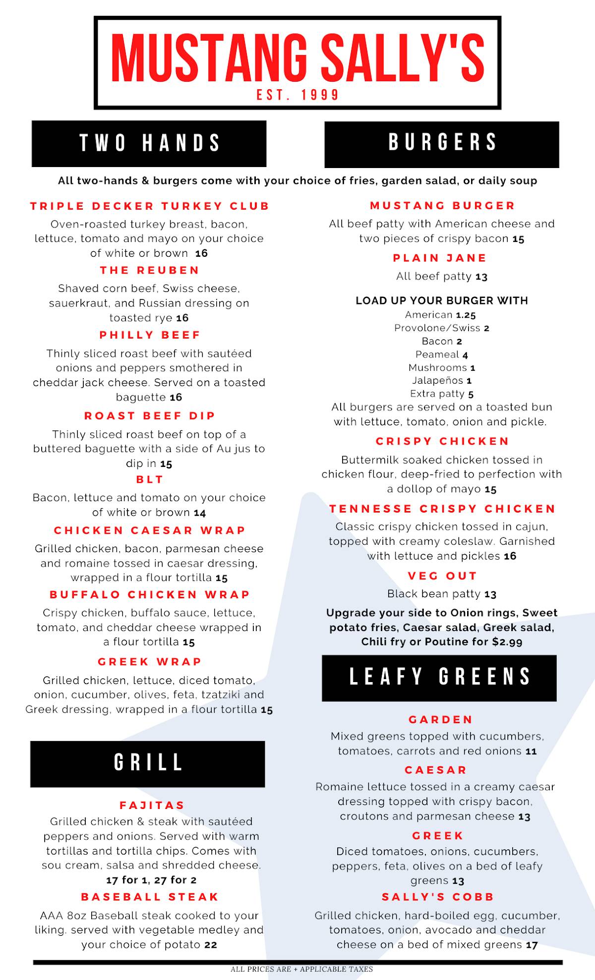 Menu at Mustang Sally's pub & bar, London