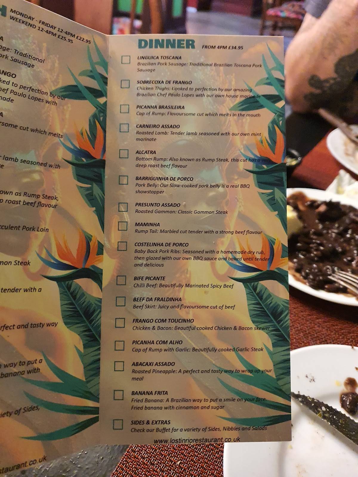 Menu at Lost in Rio restaurant, Plymouth