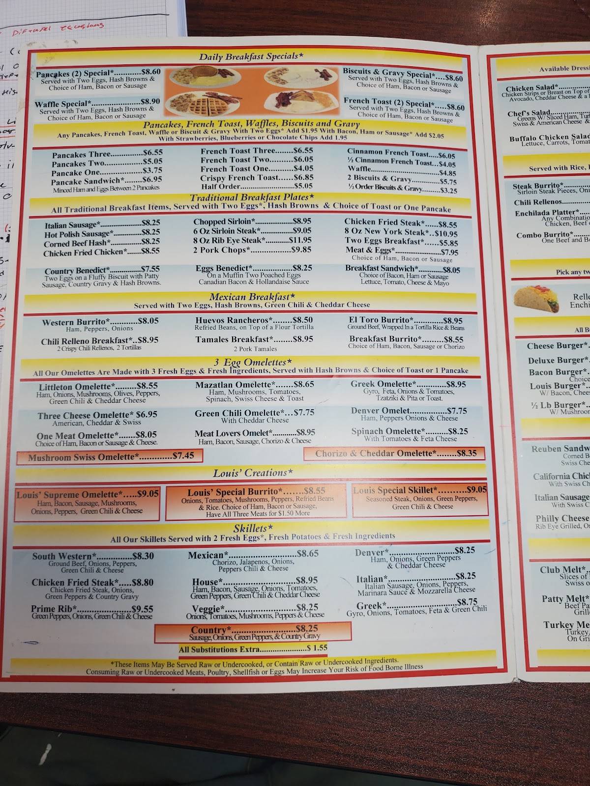 Menu at Louis' Diner restaurant, Littleton