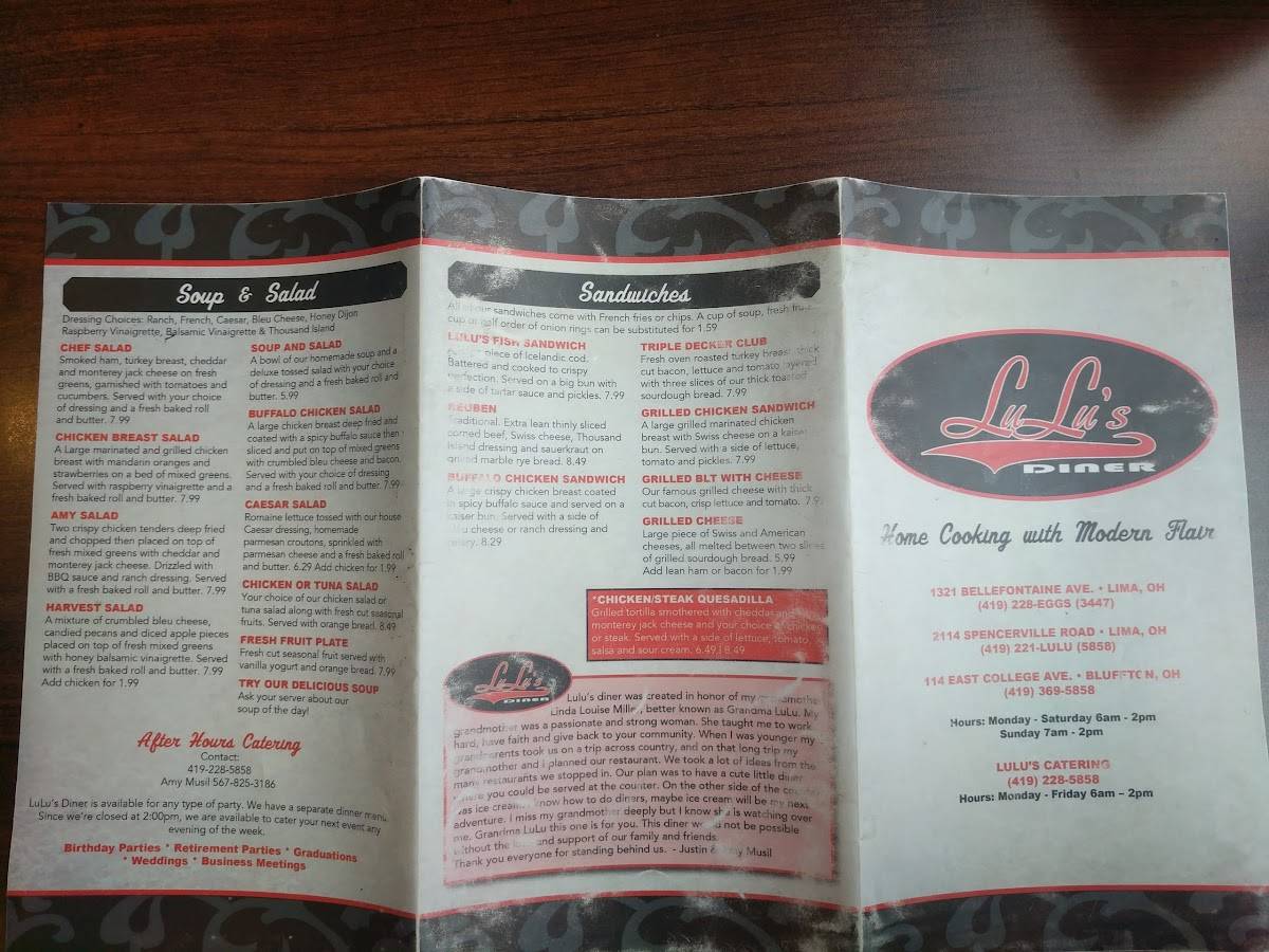 Menu at Lulu's Diner restaurant, Bluffton