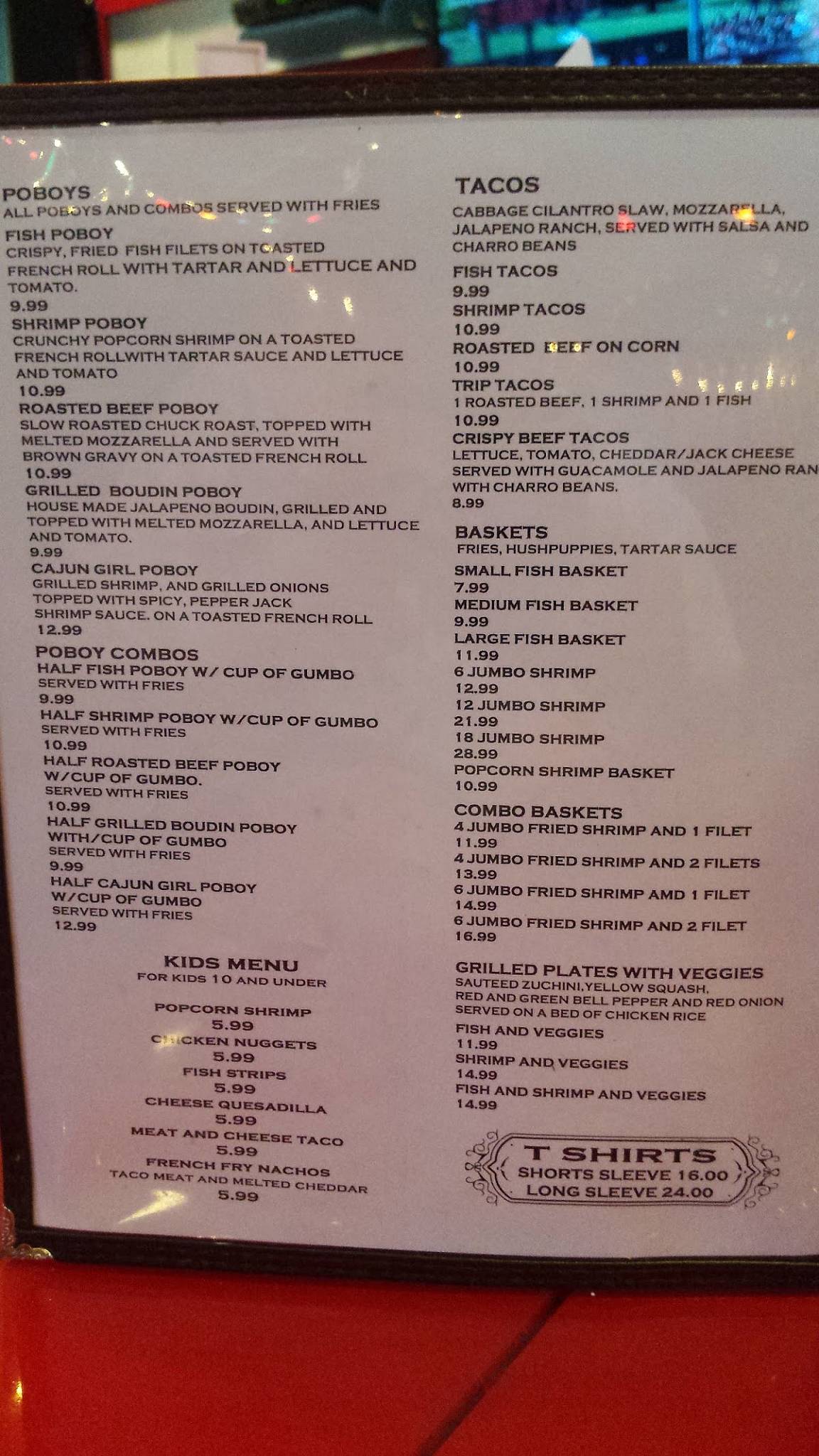 Menu at Tia Juanita's Fish Camp restaurant, Lumberton