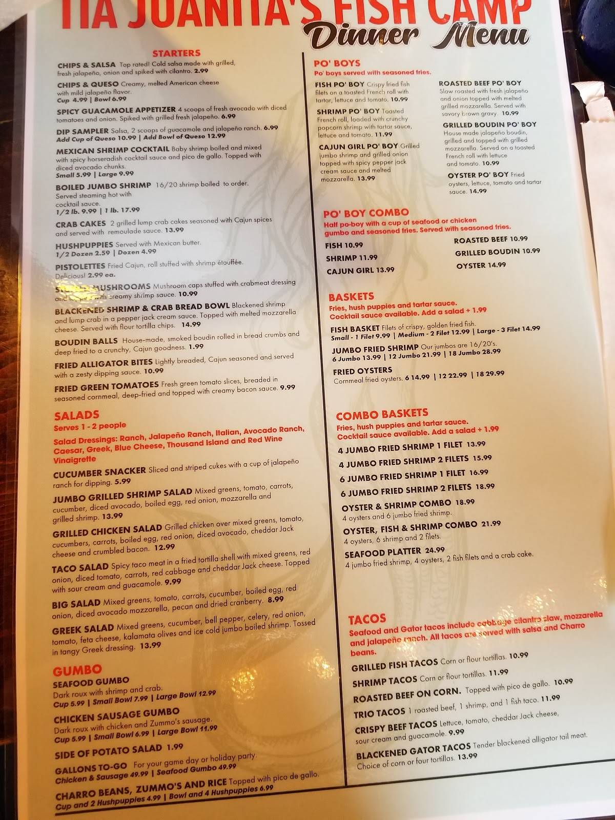 Menu at Tia Juanita's Fish Camp restaurant, Lumberton