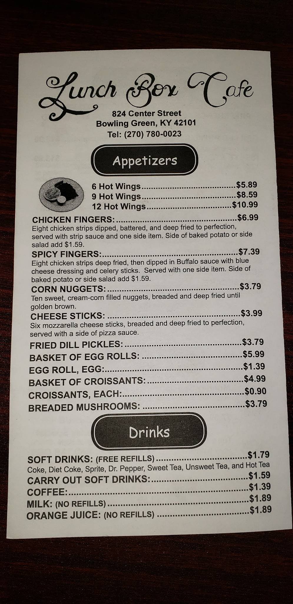 Menu at Lunch Box Cafe, Bowling Green