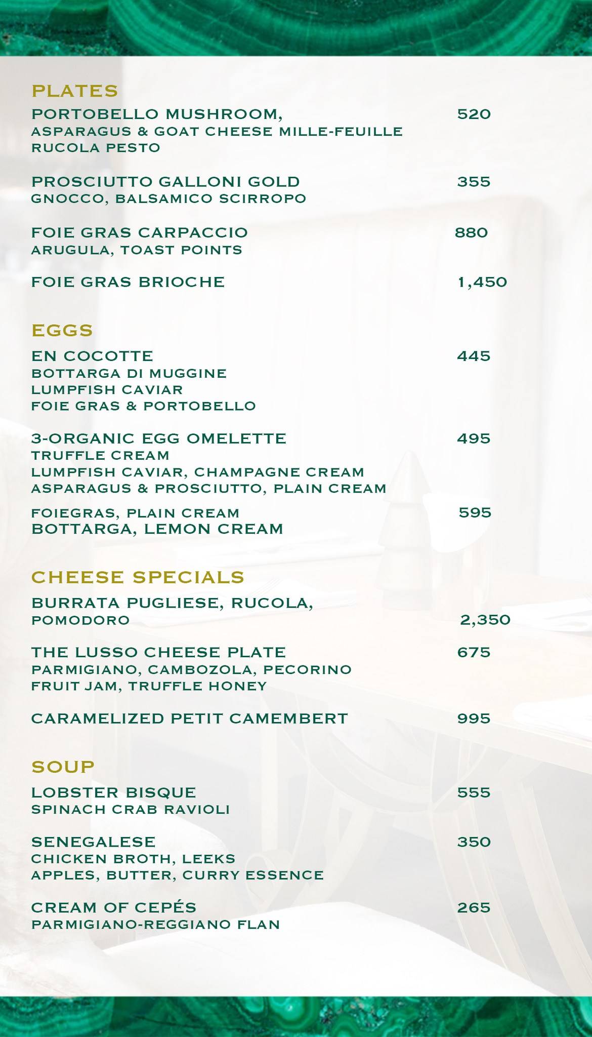 Menu at Lusso cafe, Makati, Legaspi Street