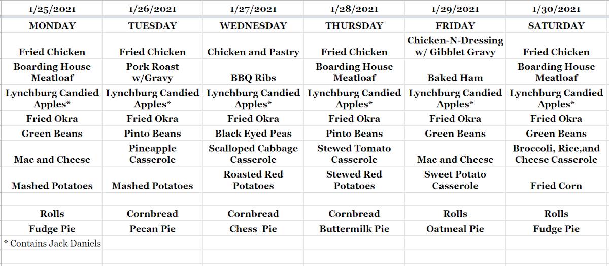 Menu at Miss Mary Bobo's Restaurant, Lynchburg