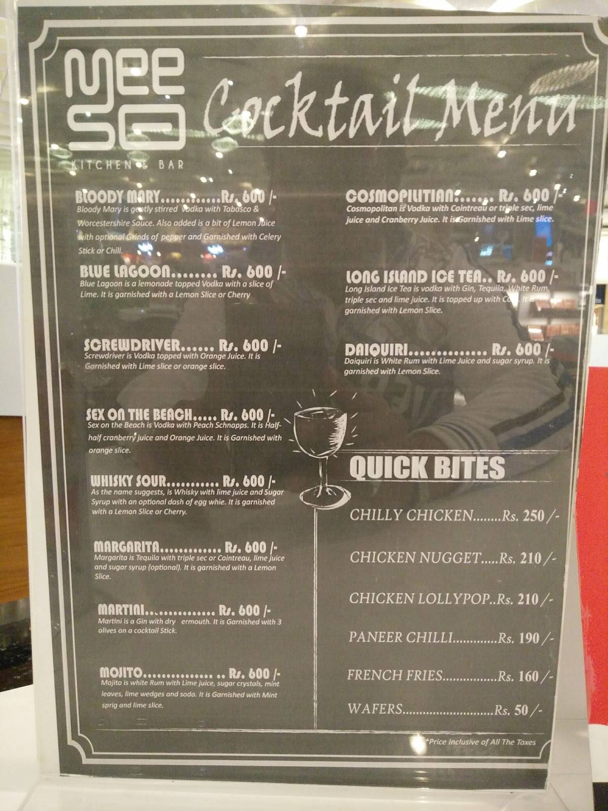 Menu at MESO, Mumbai