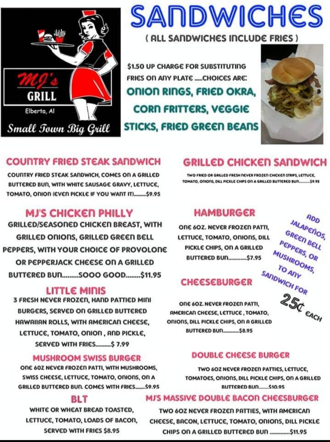 Menu at MJ's Grill restaurant, Elberta