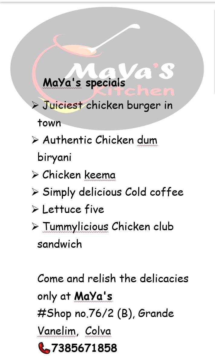 Menu at MaYa's Kitchen, Vanelim, Colva - Benaulim Rd