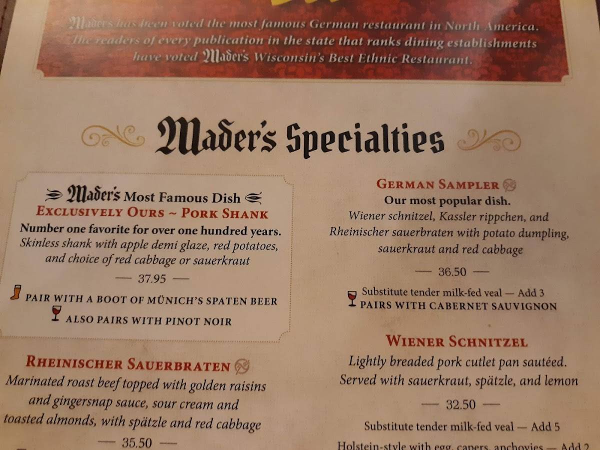 Menu at Mader's Restaurant, Milwaukee