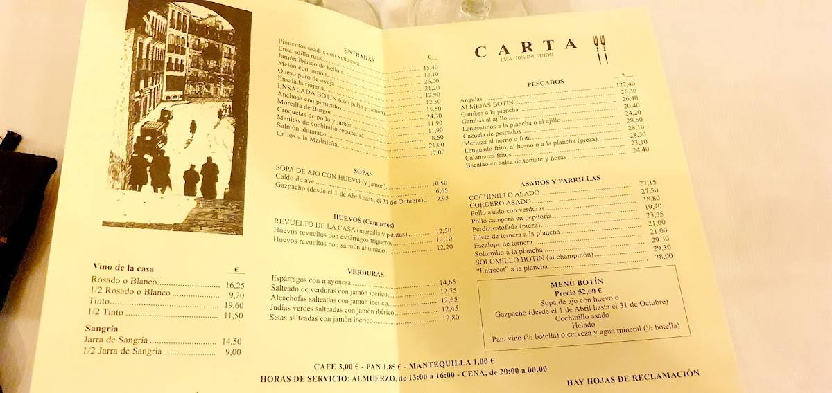Menu at Botín steakhouse, Madrid, C. de Cuchilleros
