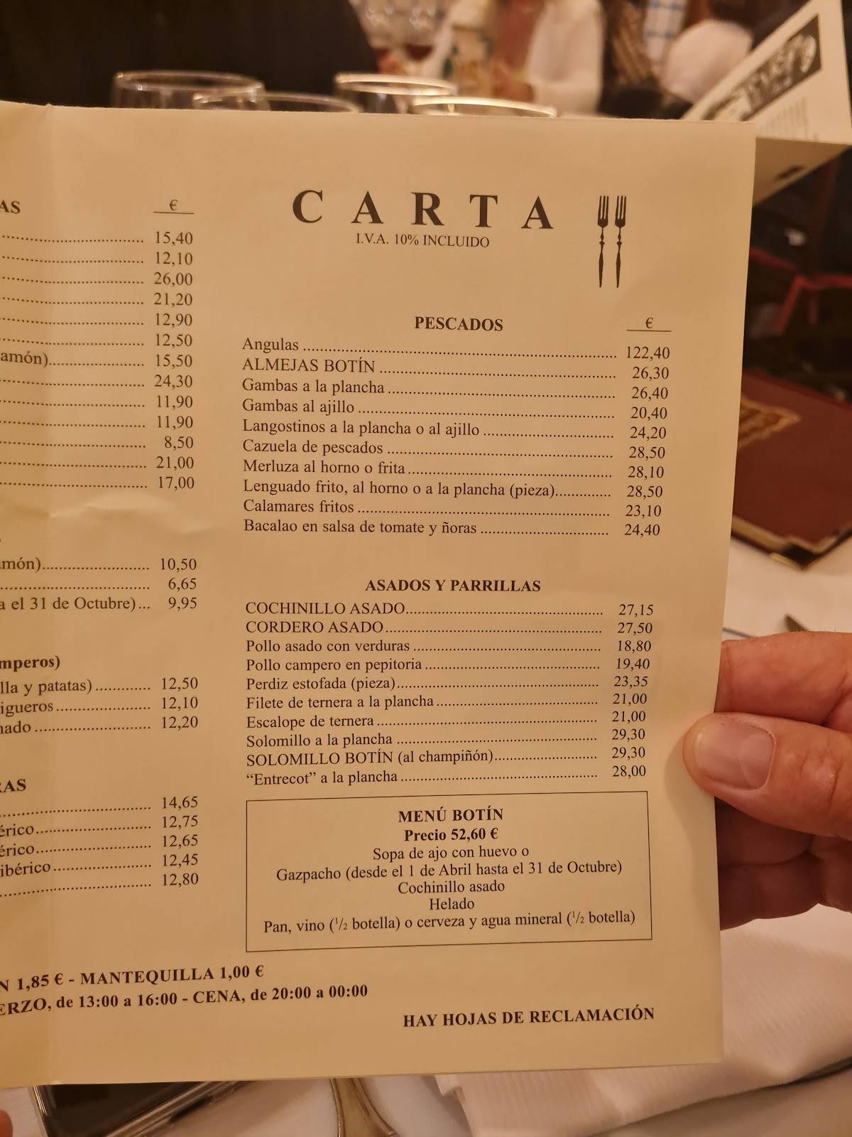 Menu at Botín steakhouse, Madrid, C. de Cuchilleros